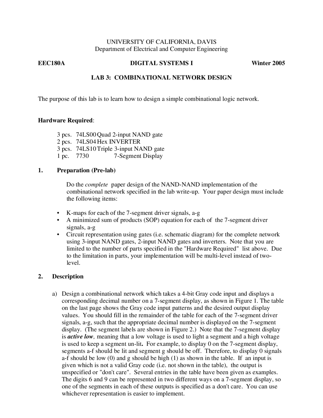 Lab 3 Combinational Network Design Digital Systems I Eec 180a