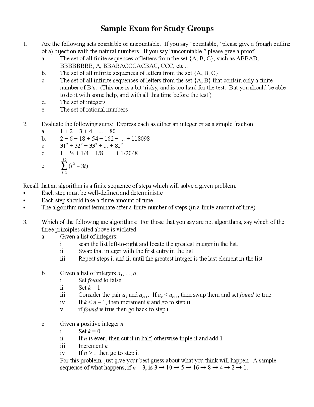 Sample Exam for Study Groups - Discrete Mathematical Structures | CSCI 2427 - Docsity