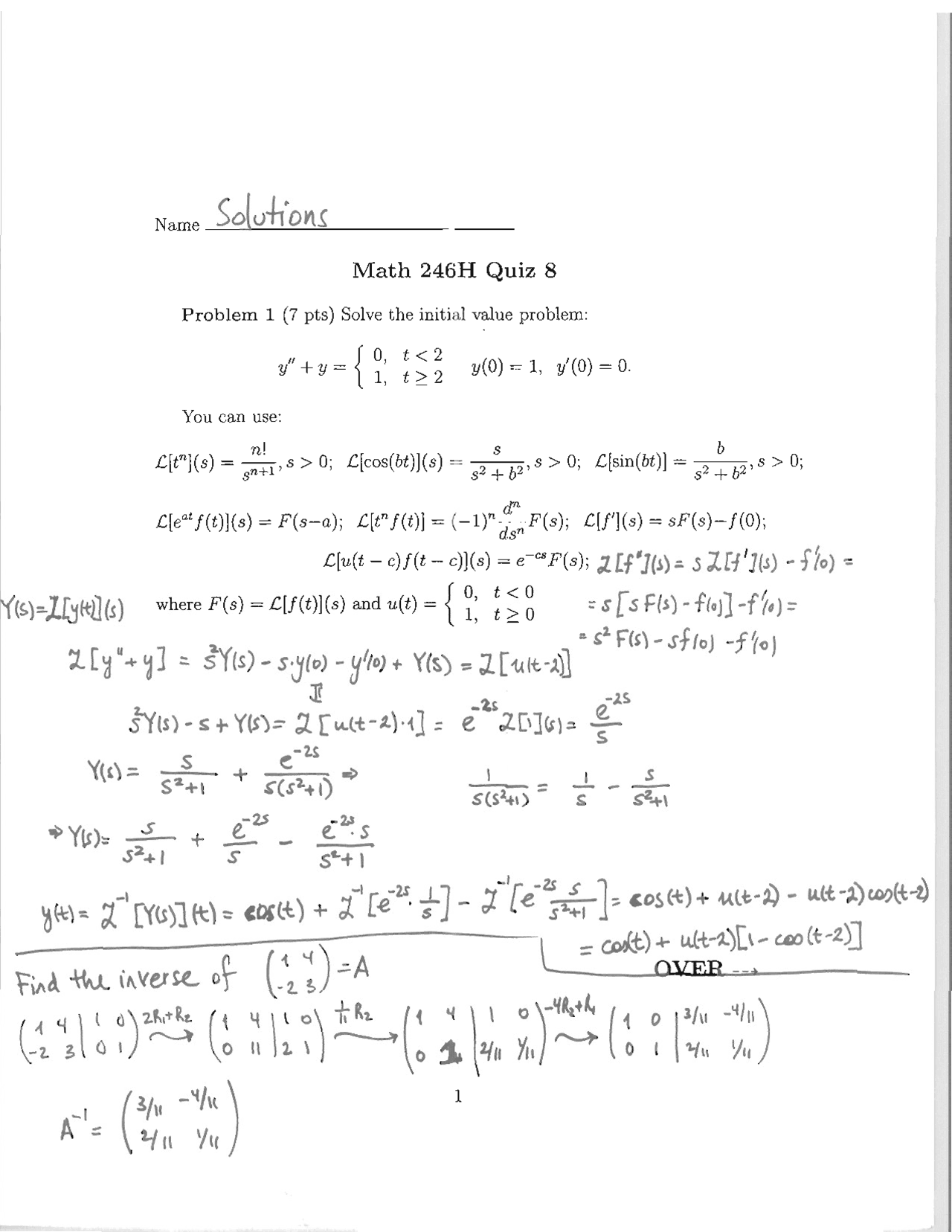 Solutions Quiz 8 Differential Equations Science Math 246h Docsity