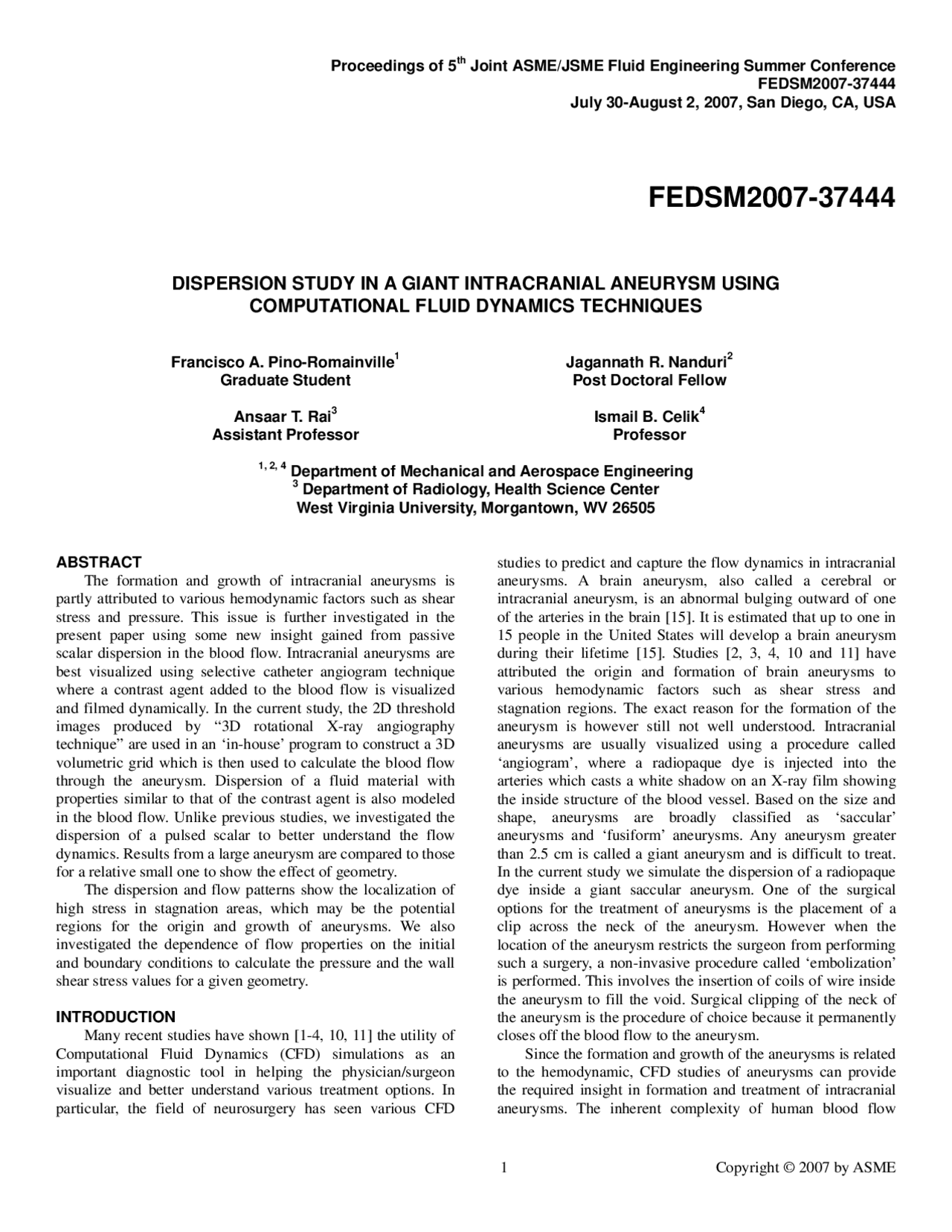 Dispersion Study in a Giant Intracranial Aneurysm Using Computational Fluid Dynamics Techniques ...