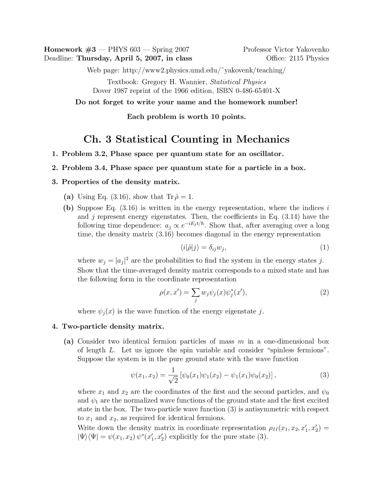 Statistical Counting in Mechanics - Assignment 3 | PHYS 603 - Docsity