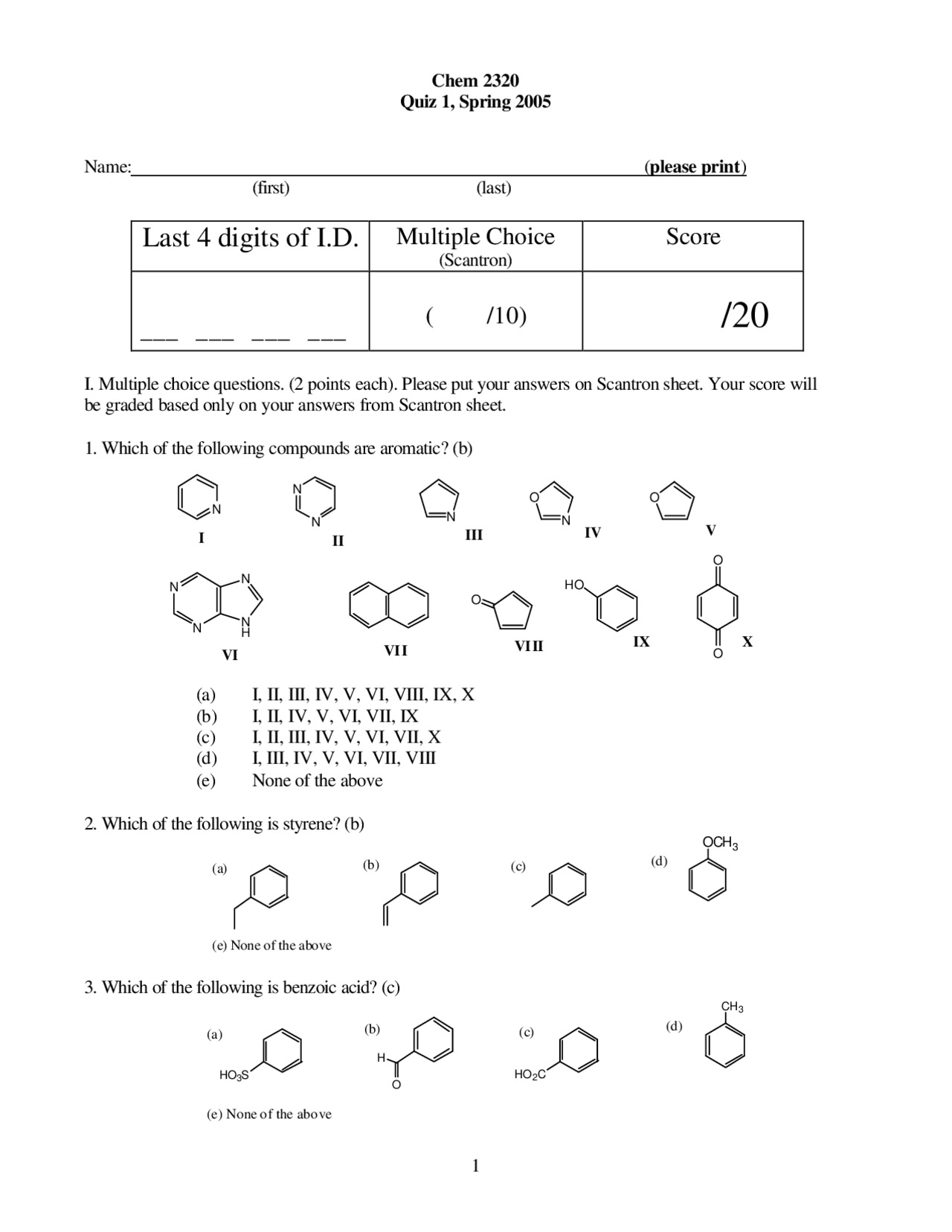 Practice Quiz 1 - Organic Chemistry II | CHEM 2320 | Quizzes Chemistry ...
