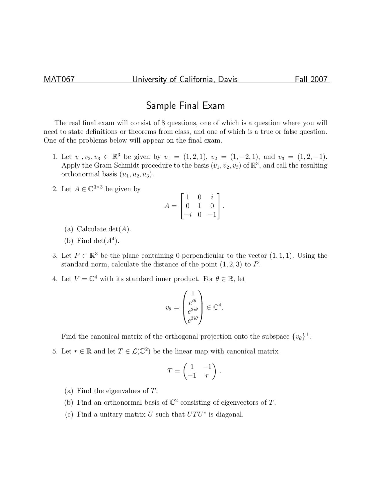 Sample Final Exam For Modern Linear Algebra Mat 067 Docsity