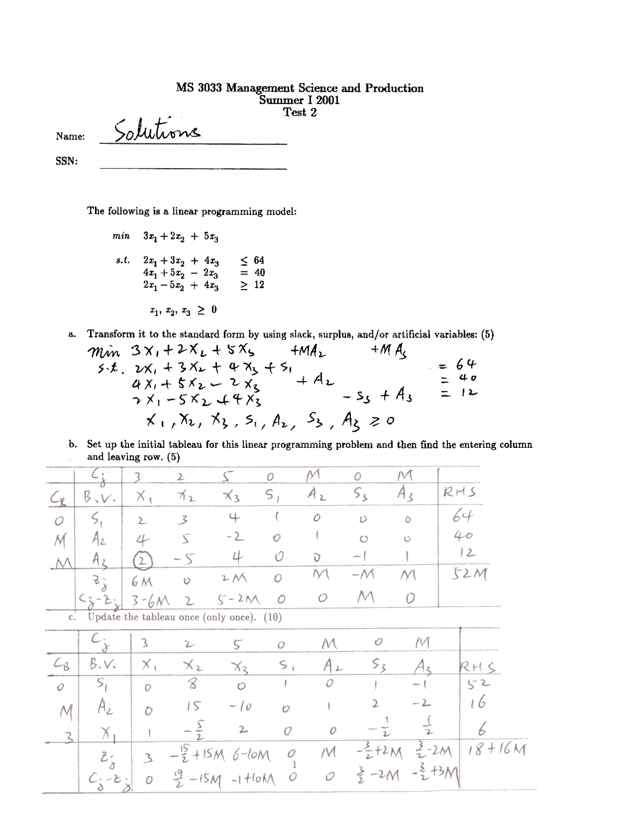 Exam 2 with Solution - Management Science and Management Production | MS 3033 | Exams ...