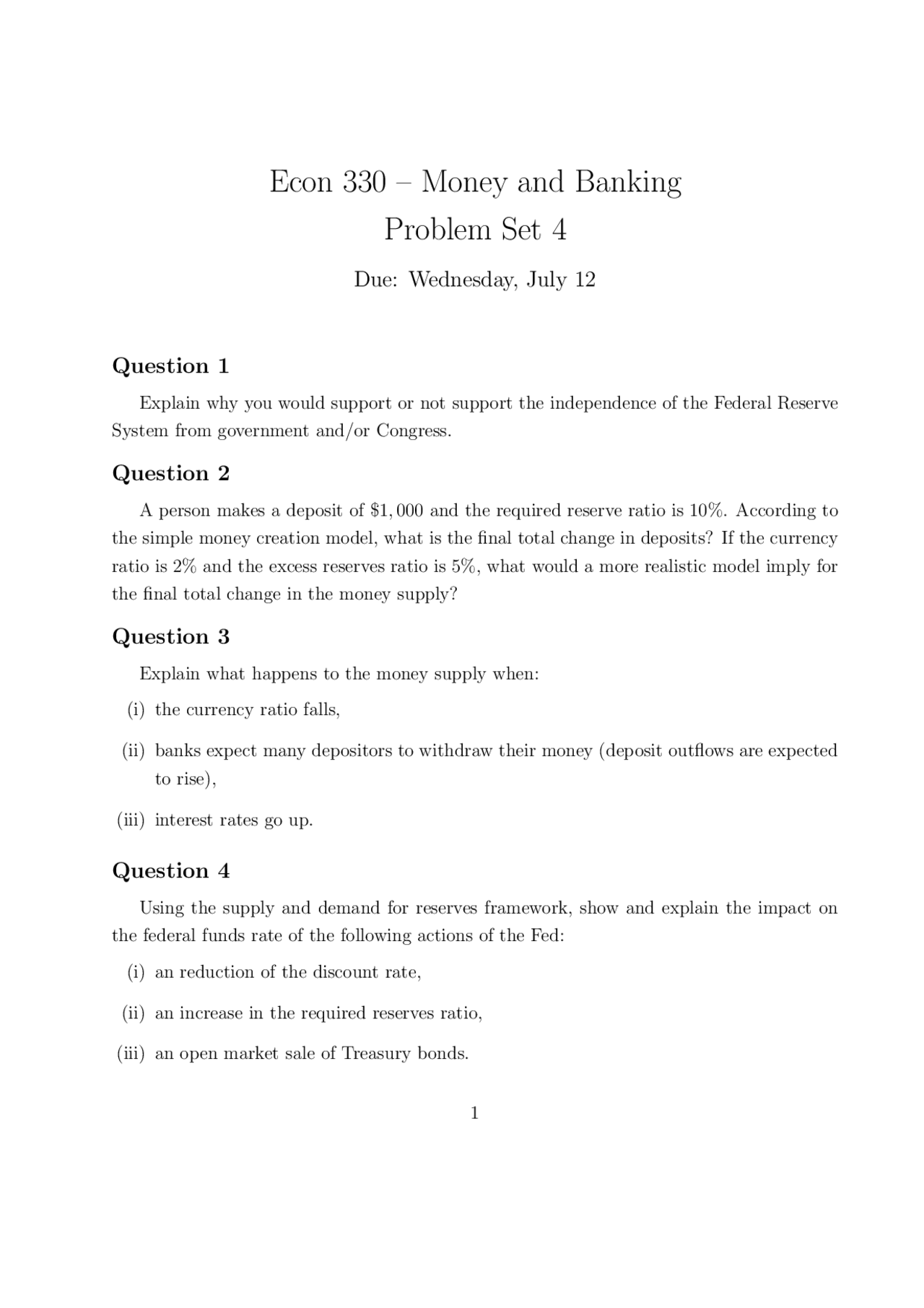 Assignment 4 for Money and Banking | ECON 330 | Assignments Banking and Finance | Docsity