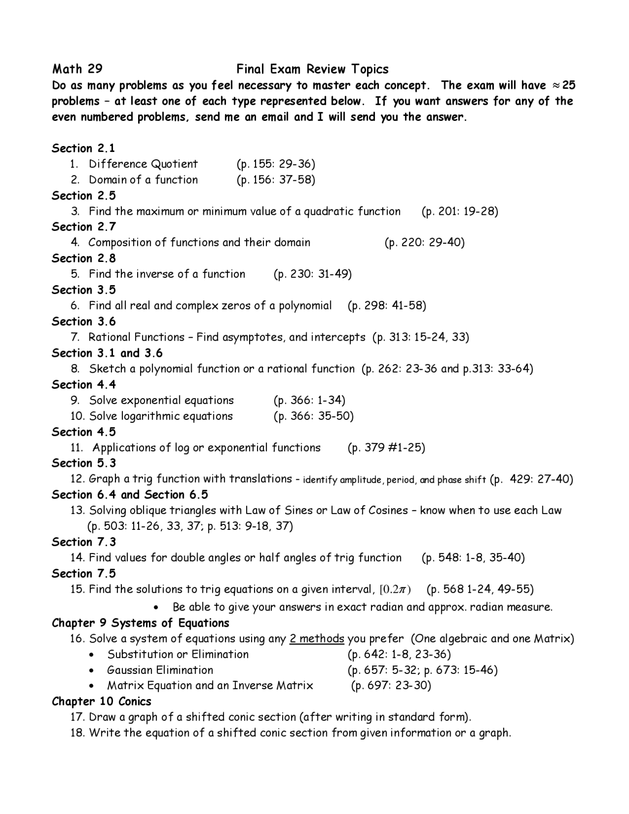 Final Exam Review - Pre-Calculus Mathematics | MATH 0029 - Docsity