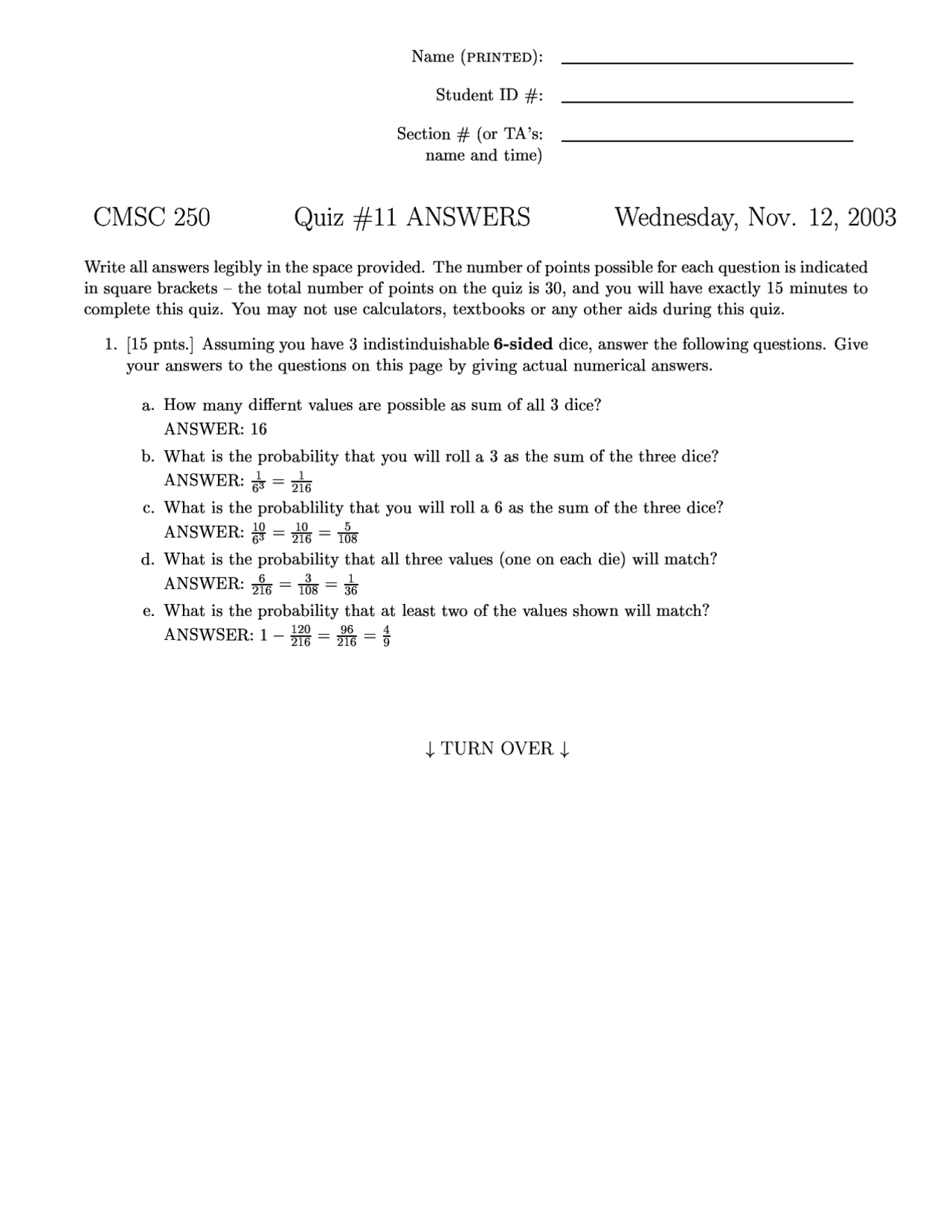 Discrete Structures Sample Quiz 11 With Solutions Cmsc 250 Docsity