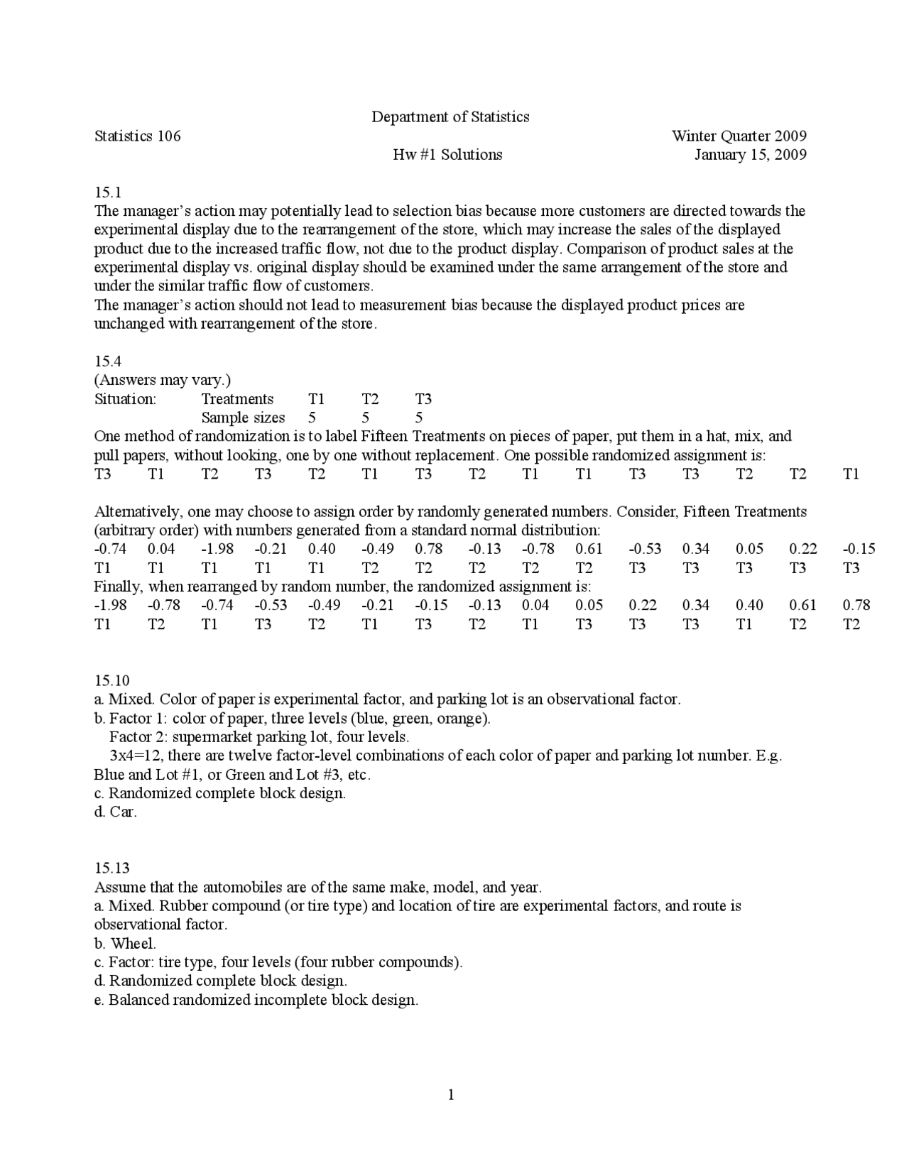 Homework 1 Solutions Analysis Of Variance Sta 106 Docsity