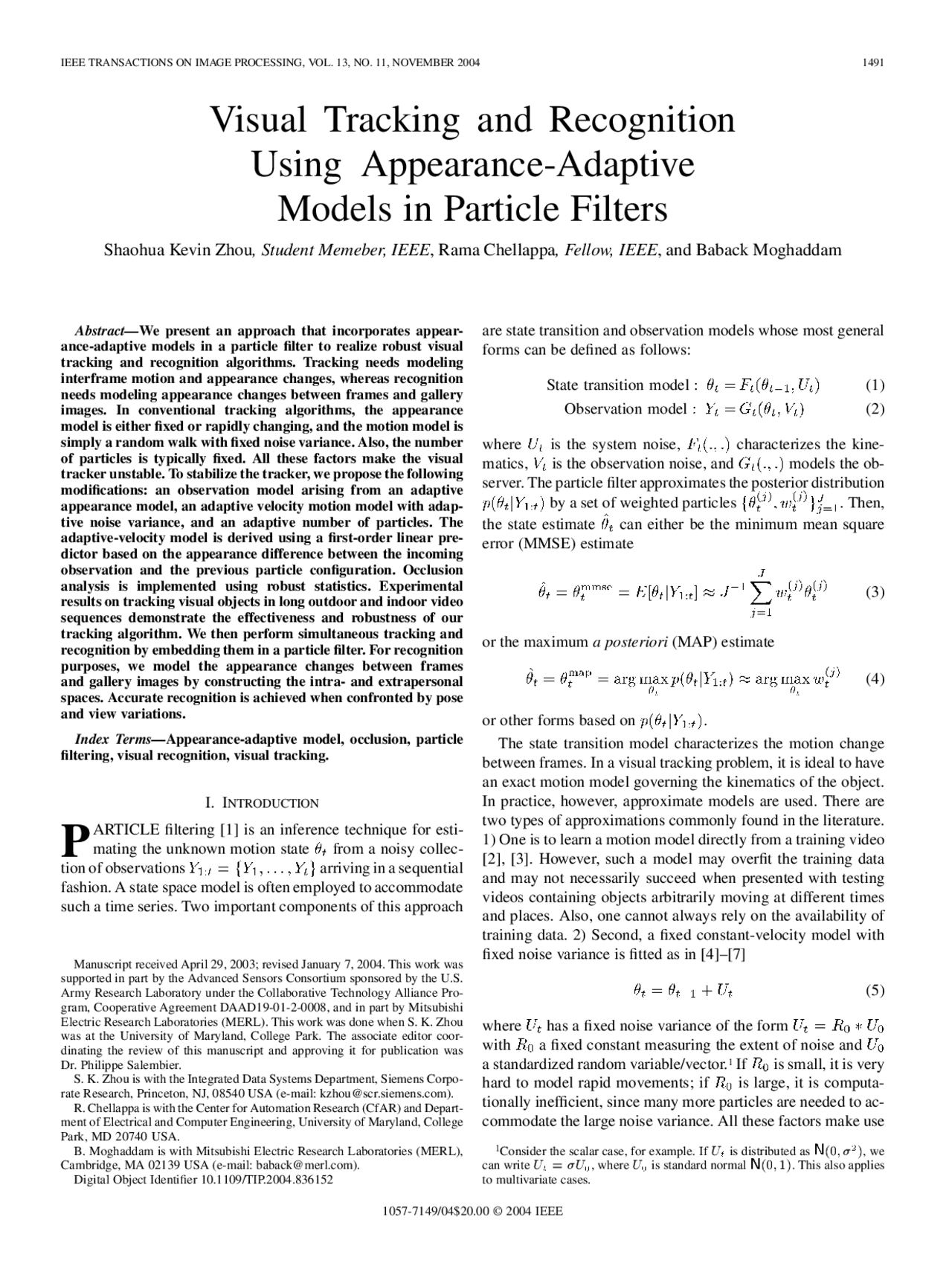 Visual Tracking And Recognition Using Appearance Adaptive Models In Particle Filters Enee 731