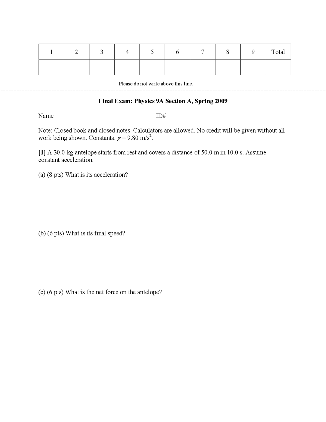 9 Problems On Classical Physics Final Examination Phy 009a Docsity
