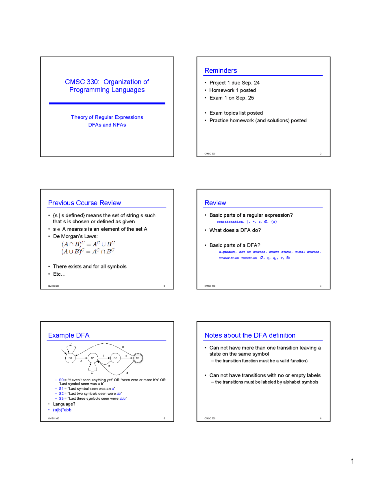 Basic Parts of Regular Expression, DFA and its Parts | CMSC 330 - Docsity