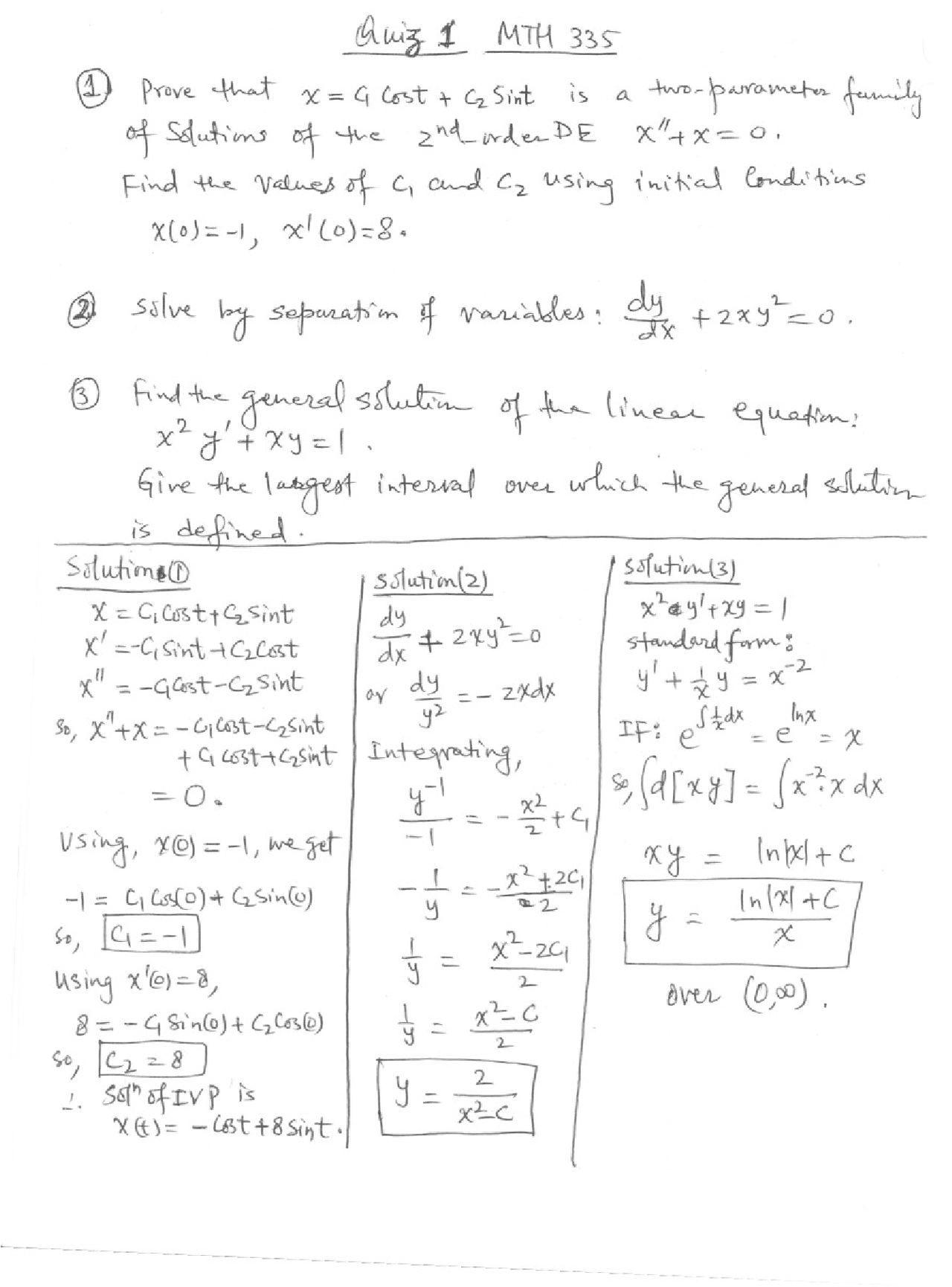 Resolution For Quiz 1 Differential Equations Mth 335 Docsity