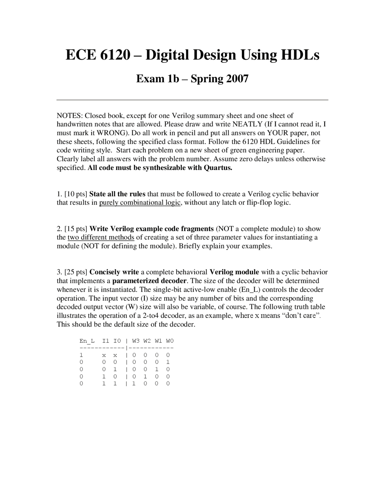 Practice Problems for Digital Design Using HDLs - Exam 1B | ECE 6120 ...