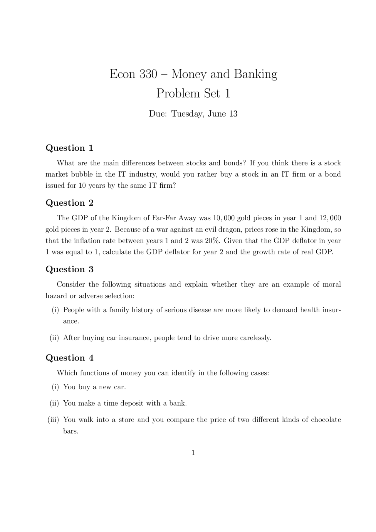 Sample Problem Set 1 Money And Banking Econ 330 Docsity