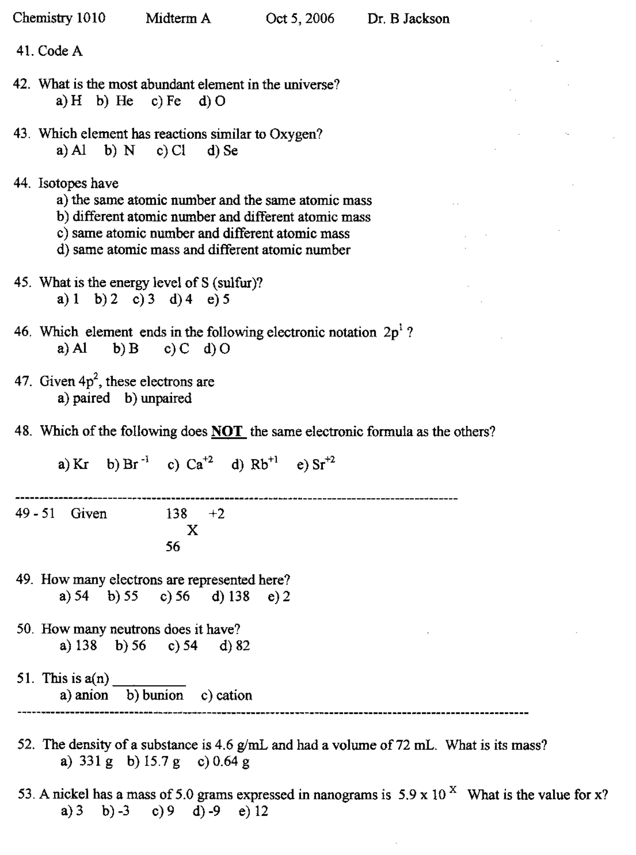 Midterm A MCQs to Solve - General Chemistry I | CHEM 1010 - Docsity