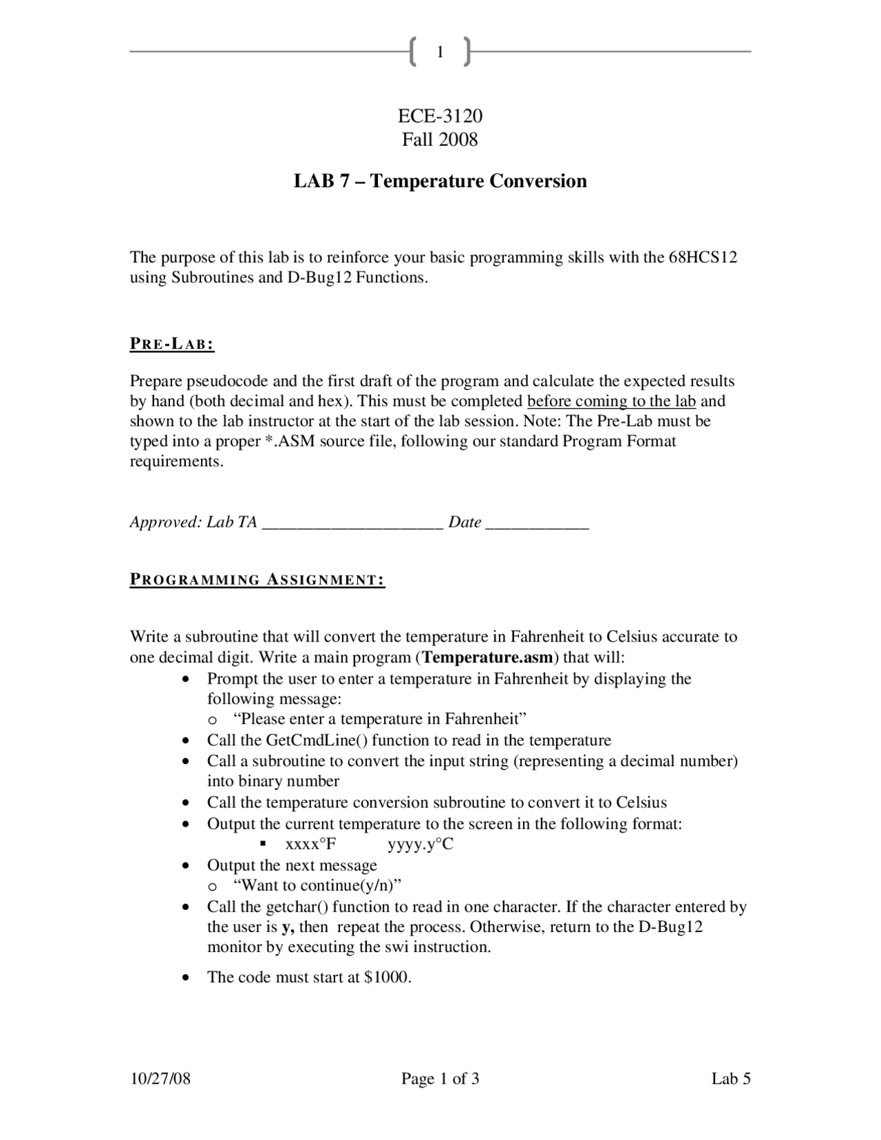 Temperature Conversion Microcomputer Systems Laboratory 7 Ece 3120 Docsity 