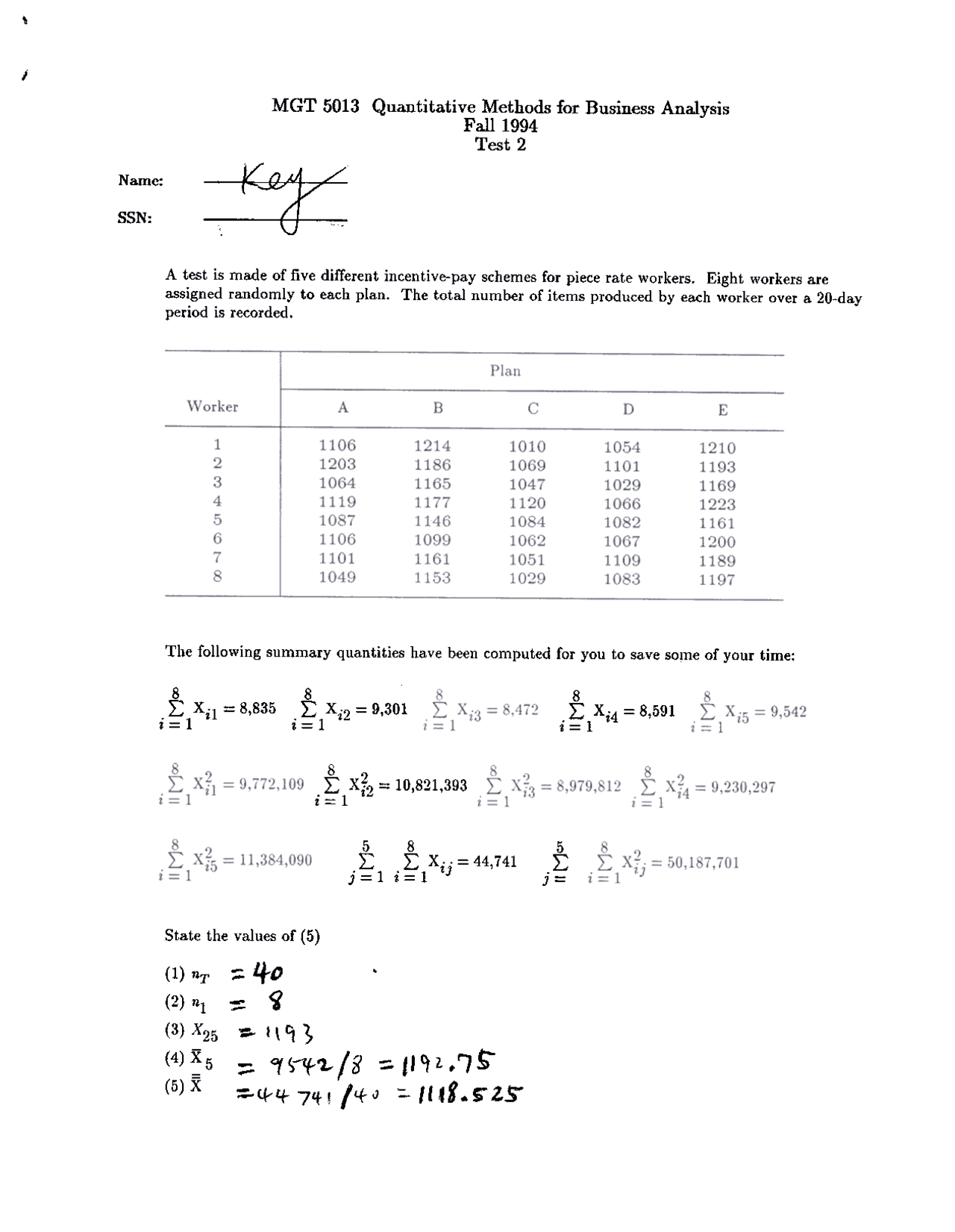 Test 2 With Answer Key Quantitative Methods Business Analysis Ms