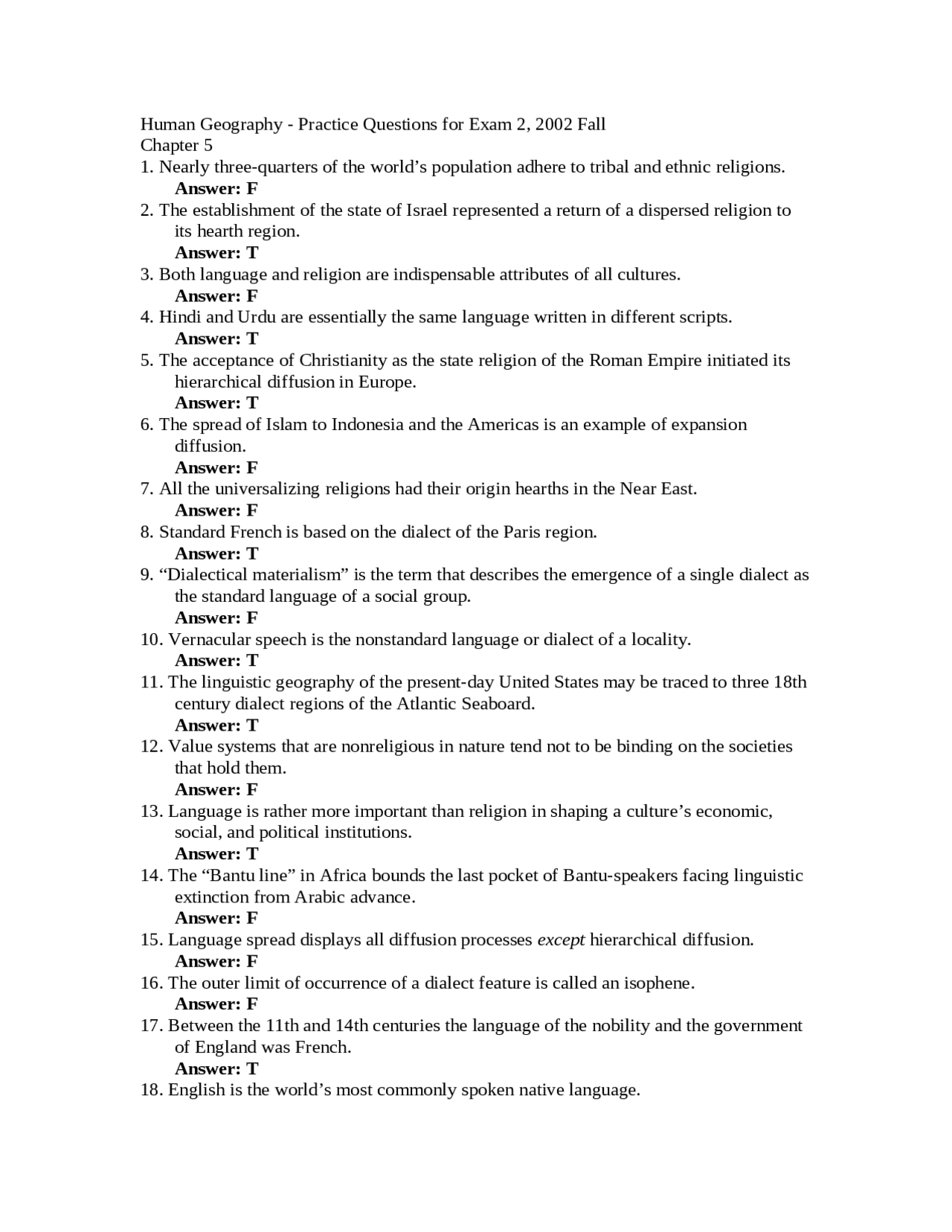 Practice Questions For Exam 2 Introduction To Human Geography Geog