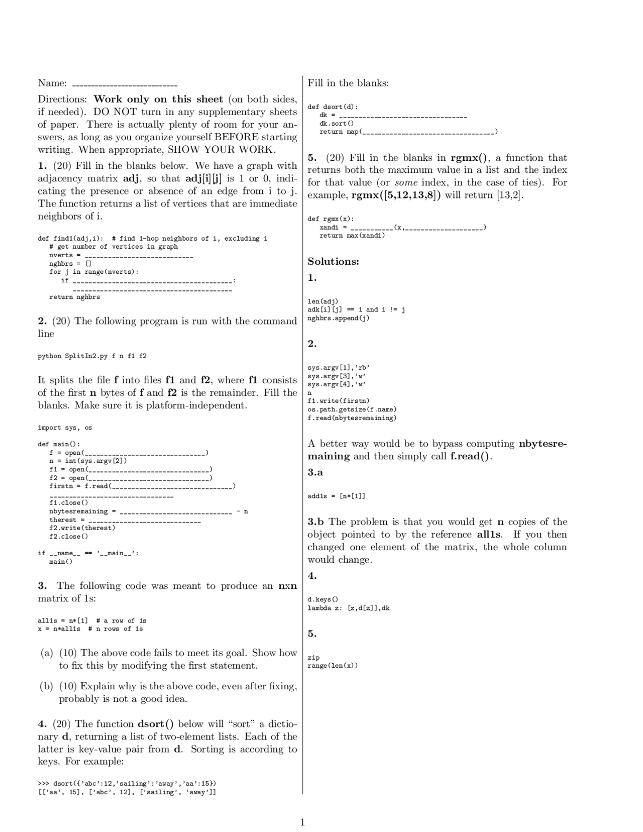 Scripting Languages Solutions For Exam Ecs 145 Docsity