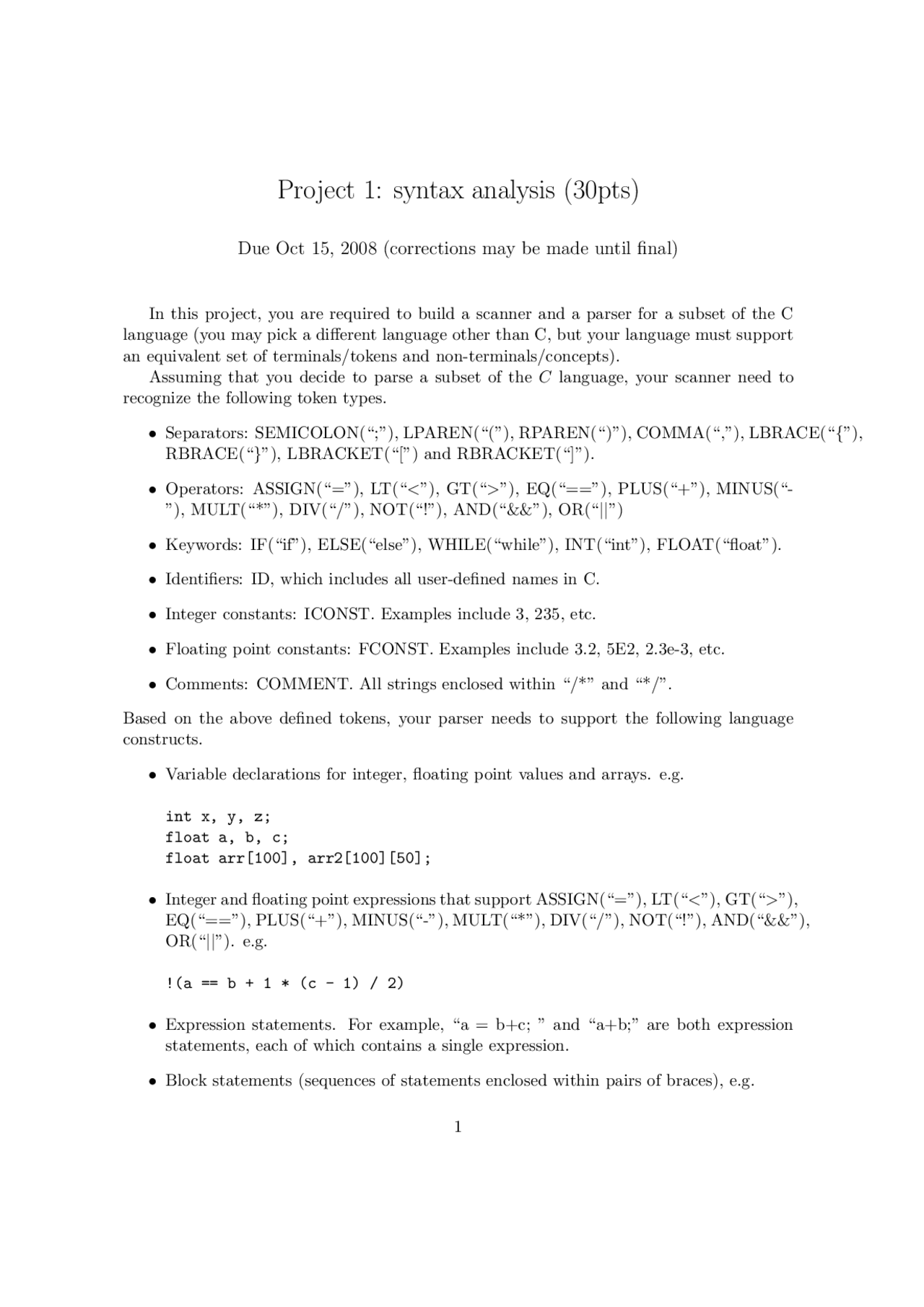 Syntax Analysis Programming Language And Compilers Project 1 Cs 7601