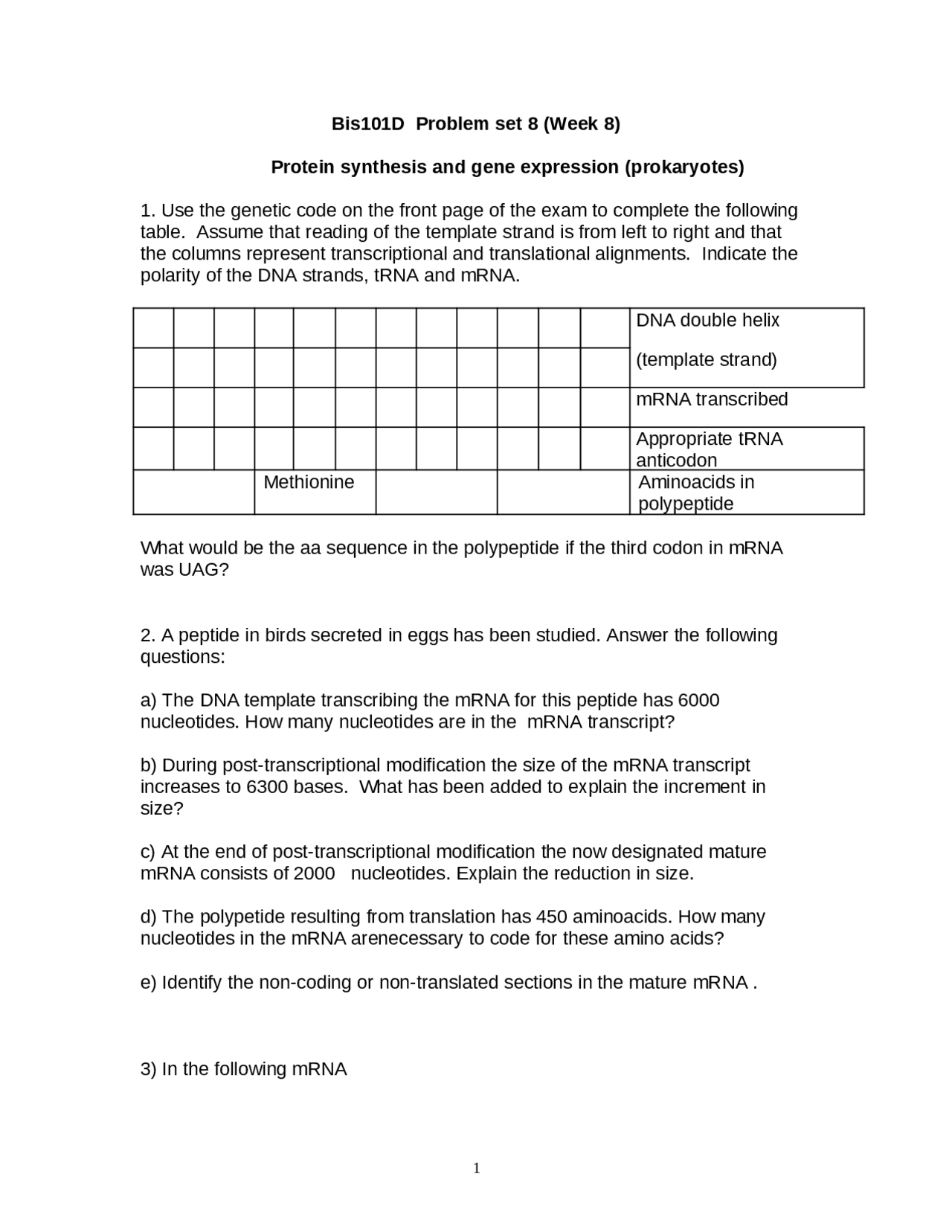 Problem Set 8 Genes And Gene Expression Bis 101 Docsity