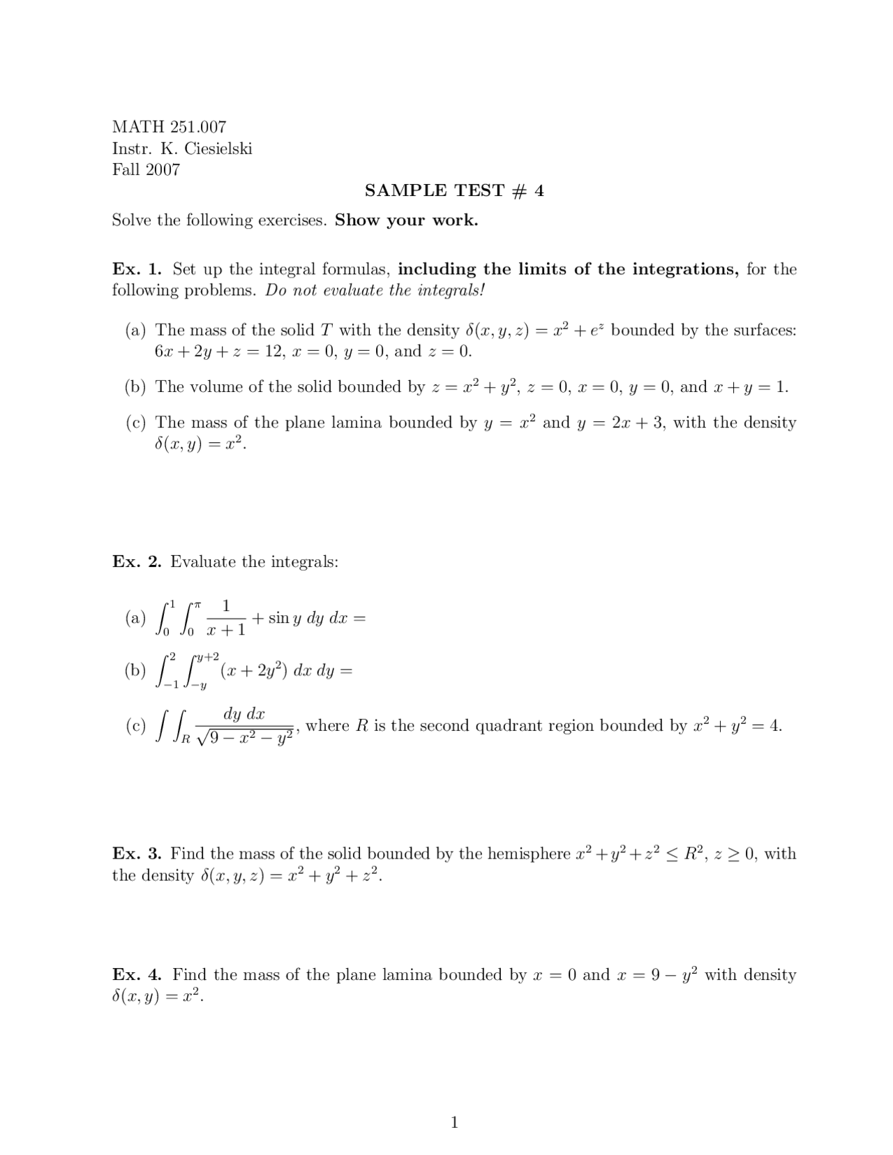Multivariable Calculus Sample Test Math 251 Docsity