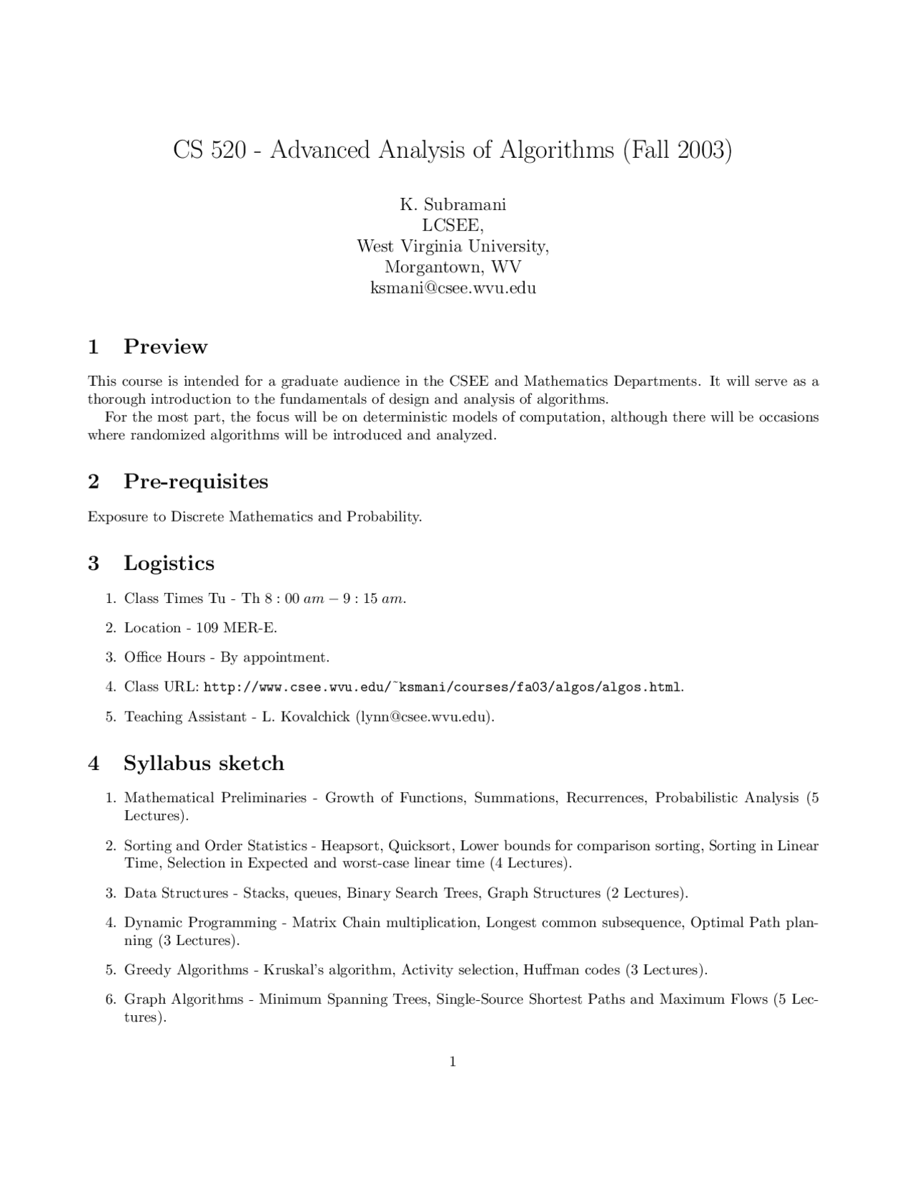 CS 520: Advanced Analysis of Algorithms (Fall 2003) by K. Subramani | Exams Algorithms and ...