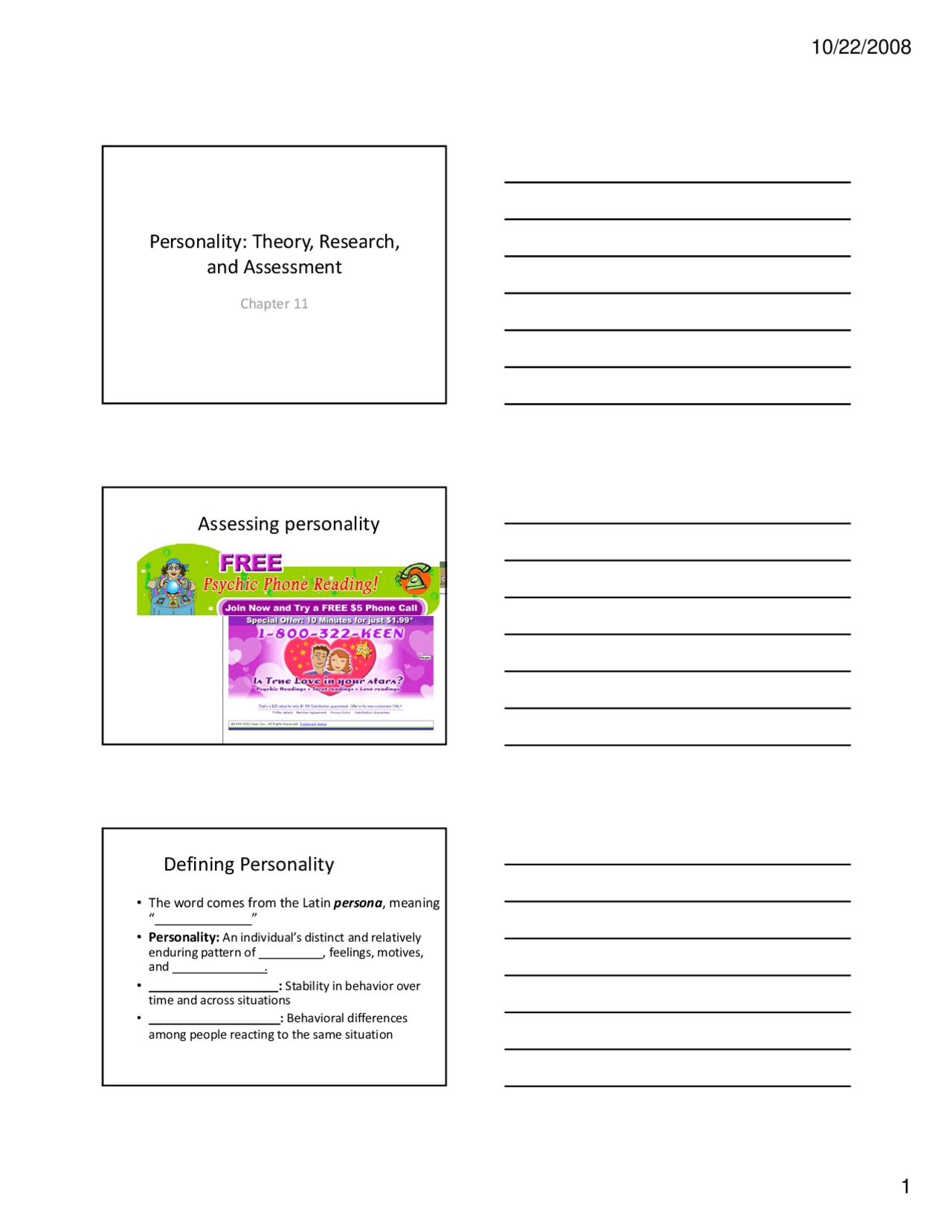 Personality Theory Research And Assessment Slides Psyc 101 Docsity