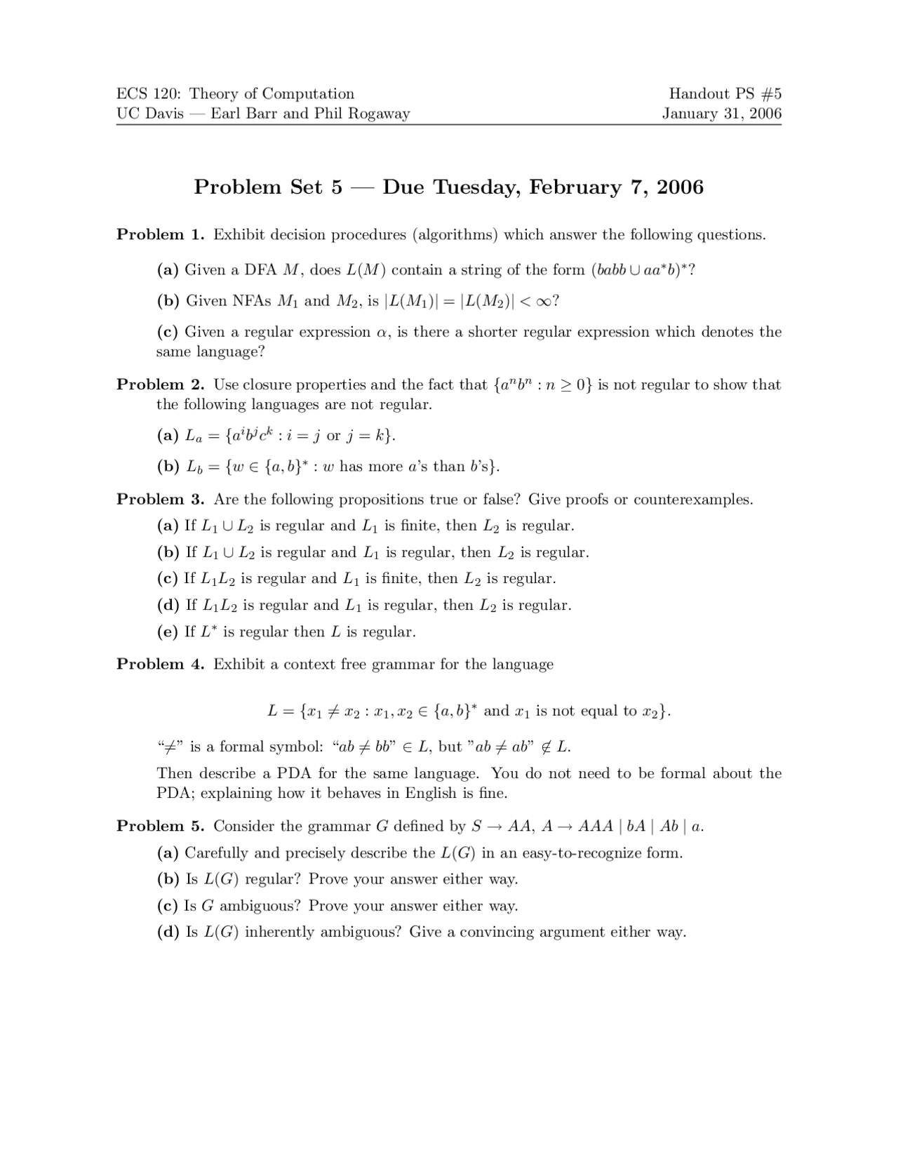 Problem Set 5 Introduction To Theory Of Computation Fall 2006 Ecs 9250