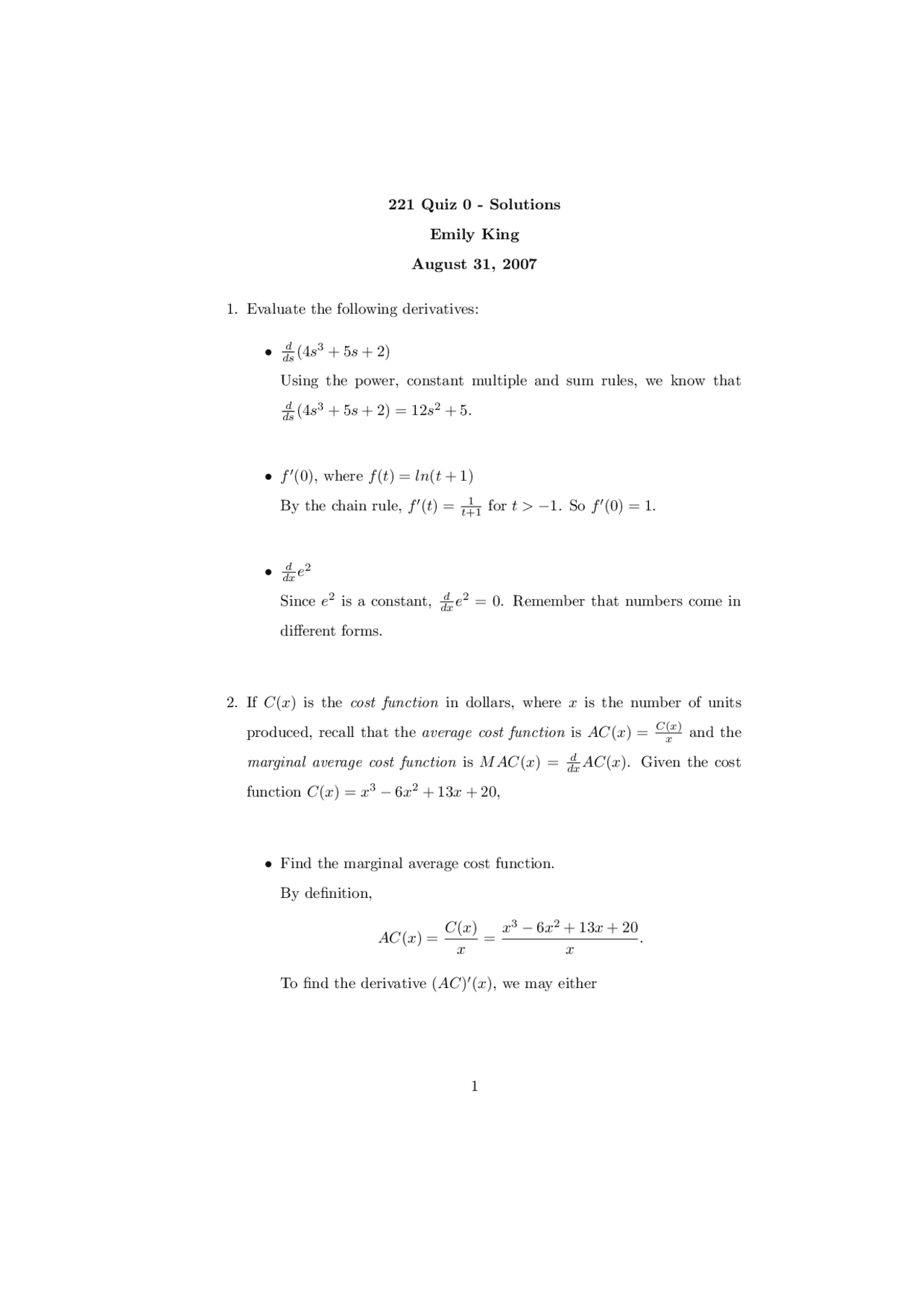 Quiz Solutions Elementary Calculus Ii 2007 Math 221 Docsity