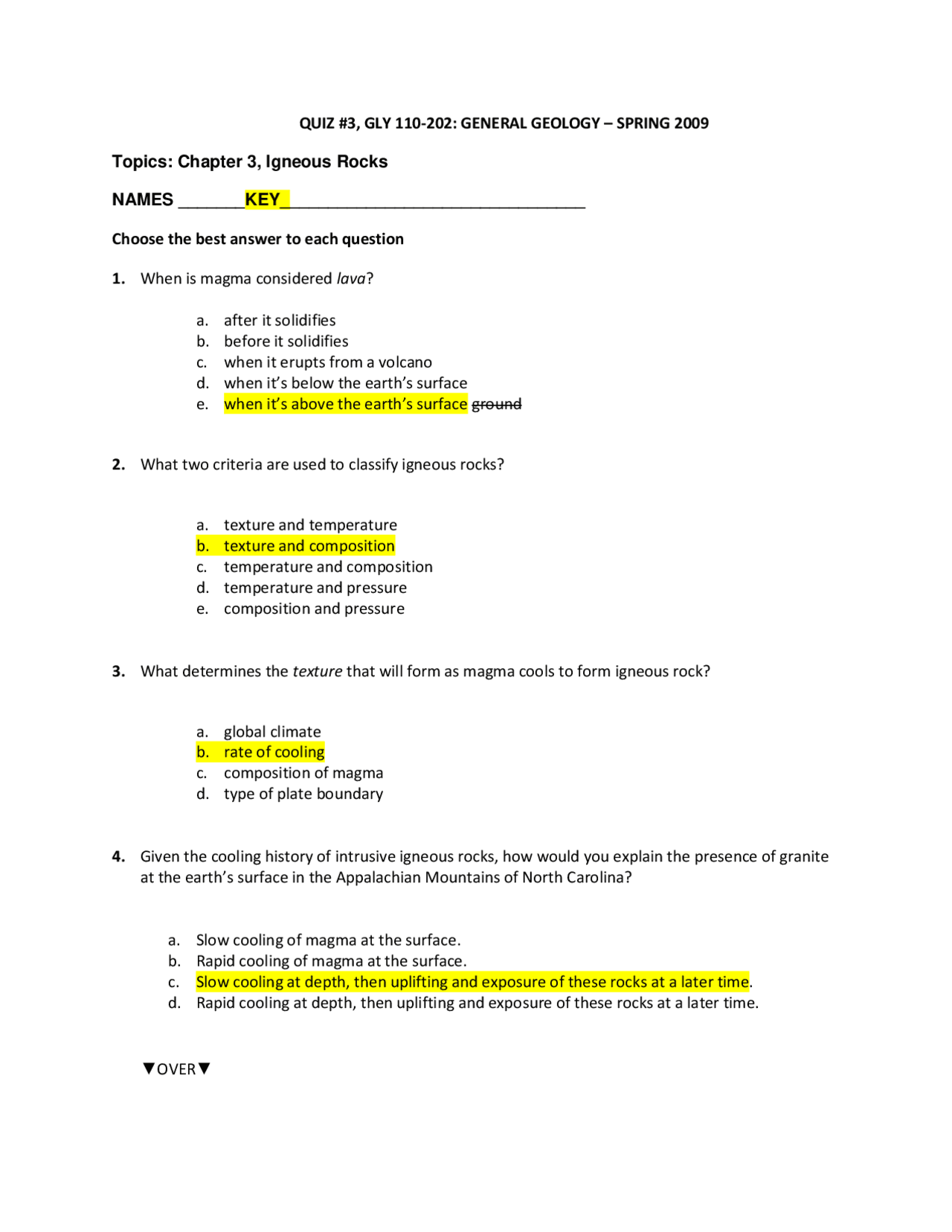 8 Multiple Choice Questions On General Geology Quiz 3 Gly 110 Docsity