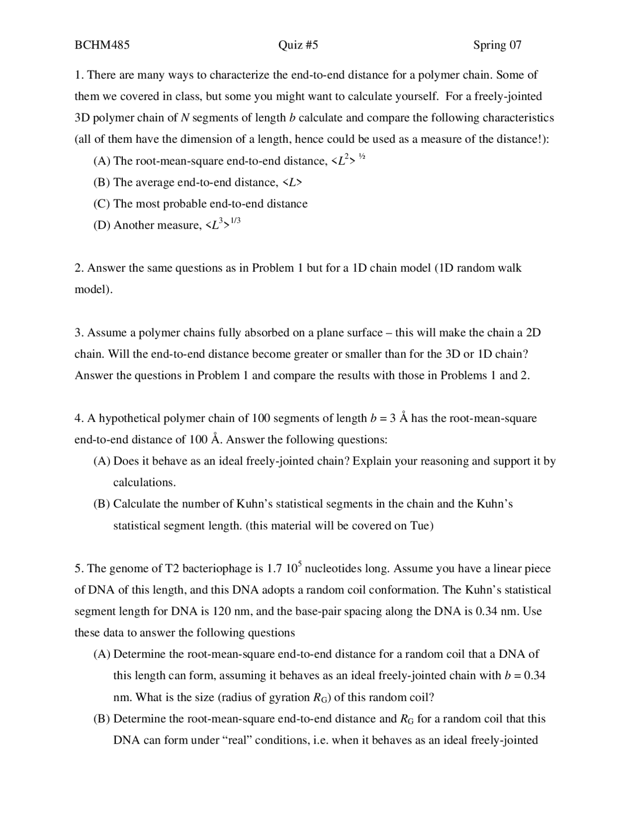 Solved Quiz Physical Biochemistry Bchm 485 Docsity