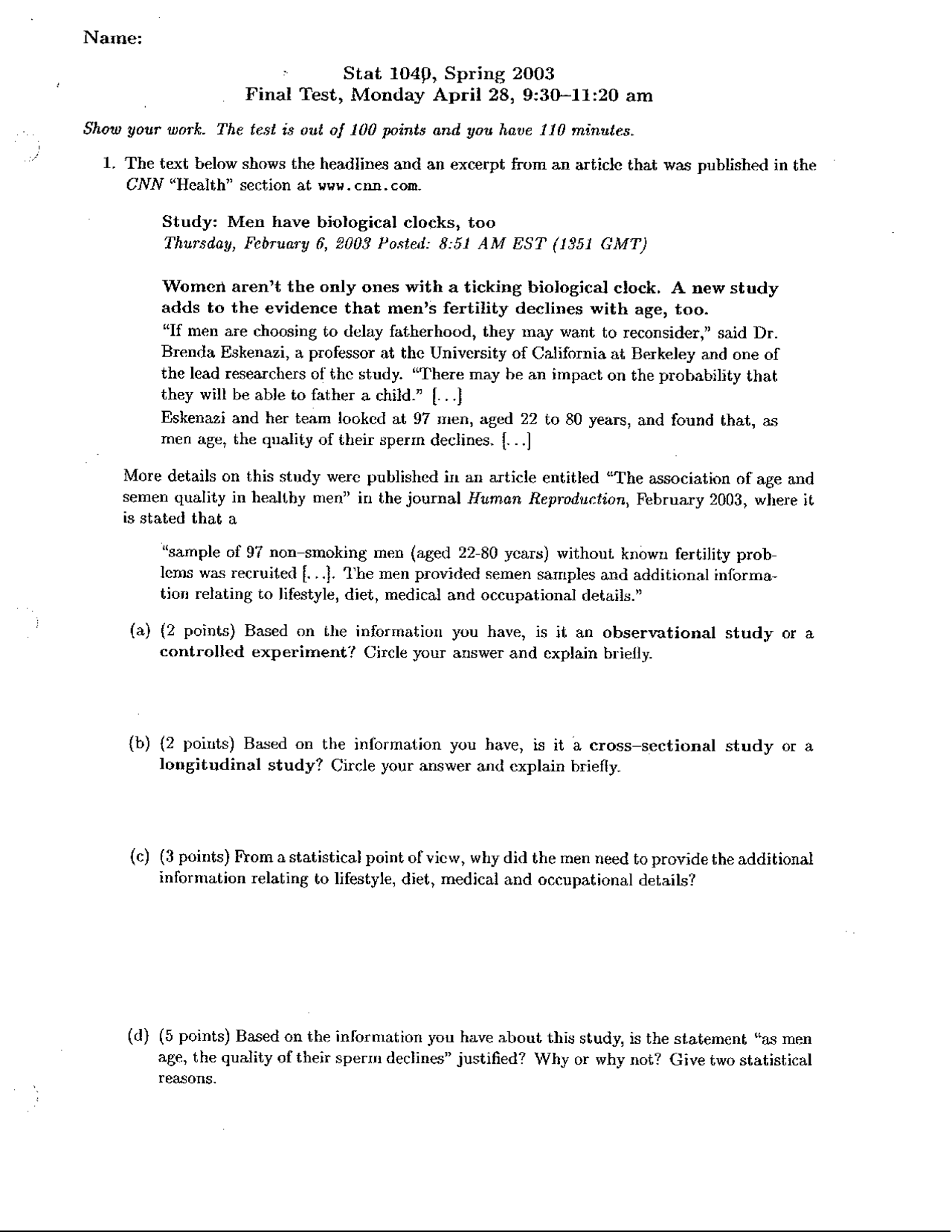 Mid Term Exam 1 Introduction To Statistics Spring 2003 Stat 1040