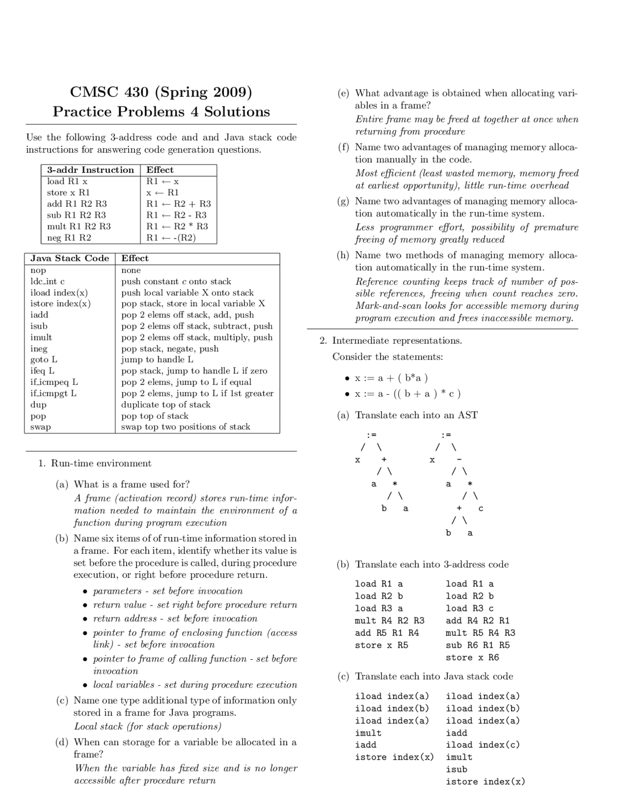 Practice Problems 4 Solutions Introduction To Compilers Cmsc 430