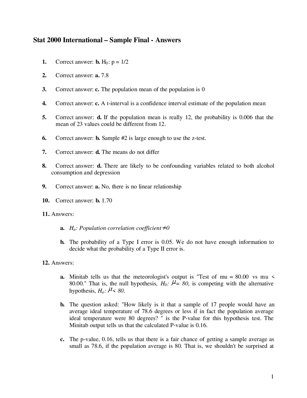 Sample Final Exam With Answers Statistical Methods Stat 2000 Docsity