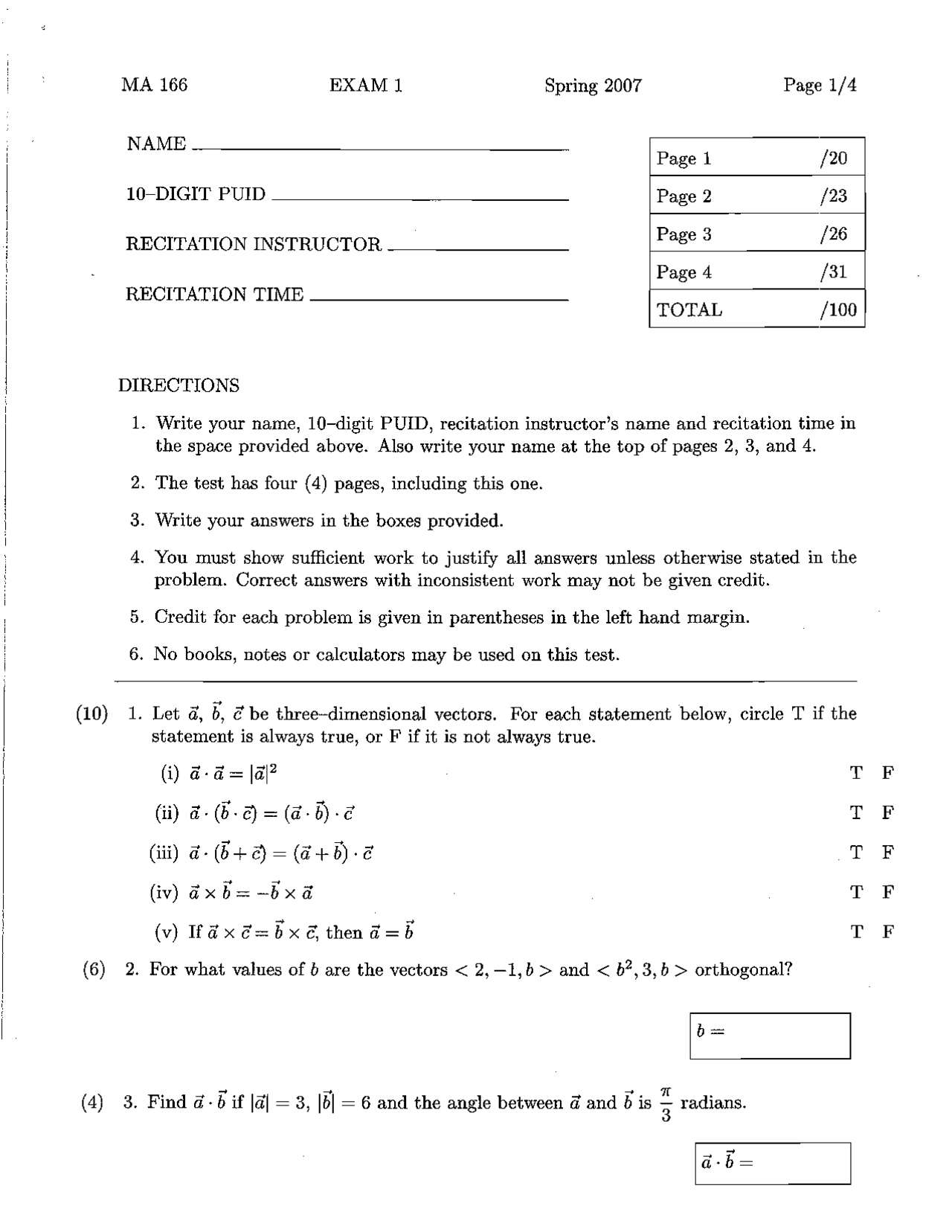 Exam 15 Questions On Analytical Geometry And Calculus Ii Ma 16600