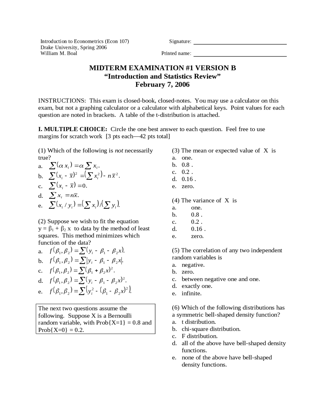 Midterm Exam 1 Questions - Econometrics Website and Classroom | ECON 107 | Exams Introduction to ...
