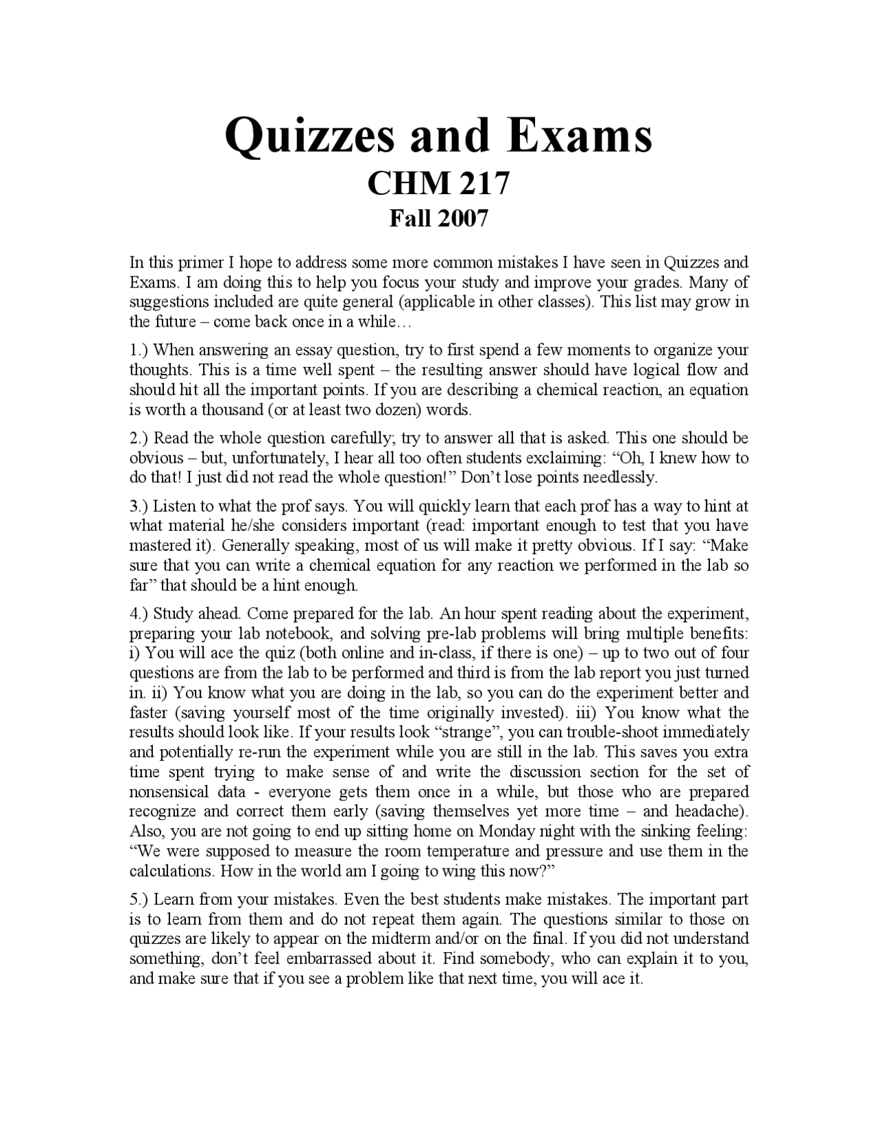 Quizzes And Exams Principles Of Chemistry Lab I Chm 217 Docsity