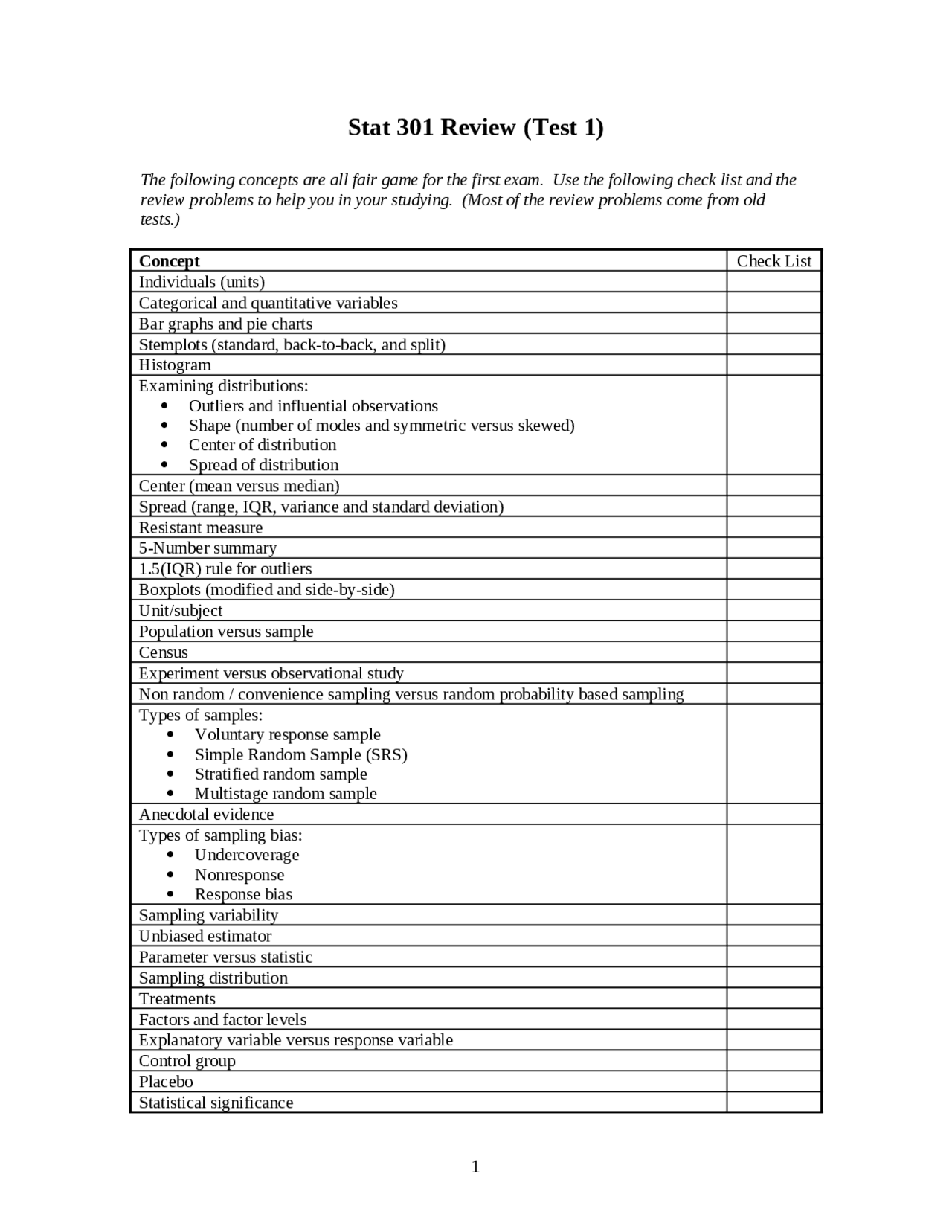 Test 1 Review Notes Elementary Statistical Methods Stat 30100 Docsity