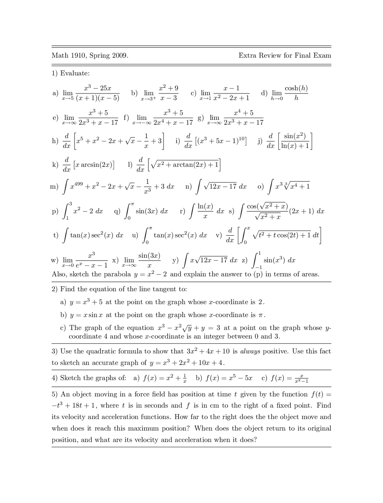 14 Questions On Equation Of Line Tangent Final Exam Math 1910 Docsity