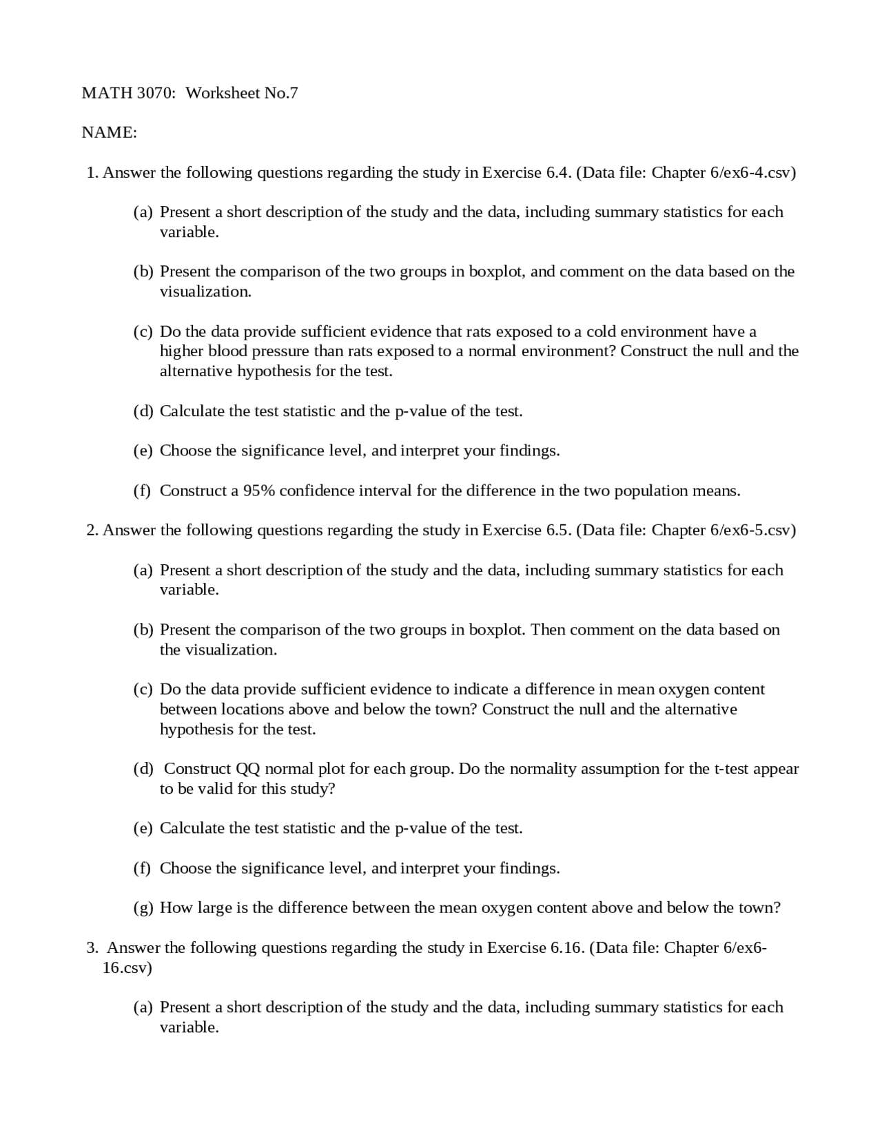 Worksheet 7 For Statistical Methods I Math 3070 Exams Data Analysis