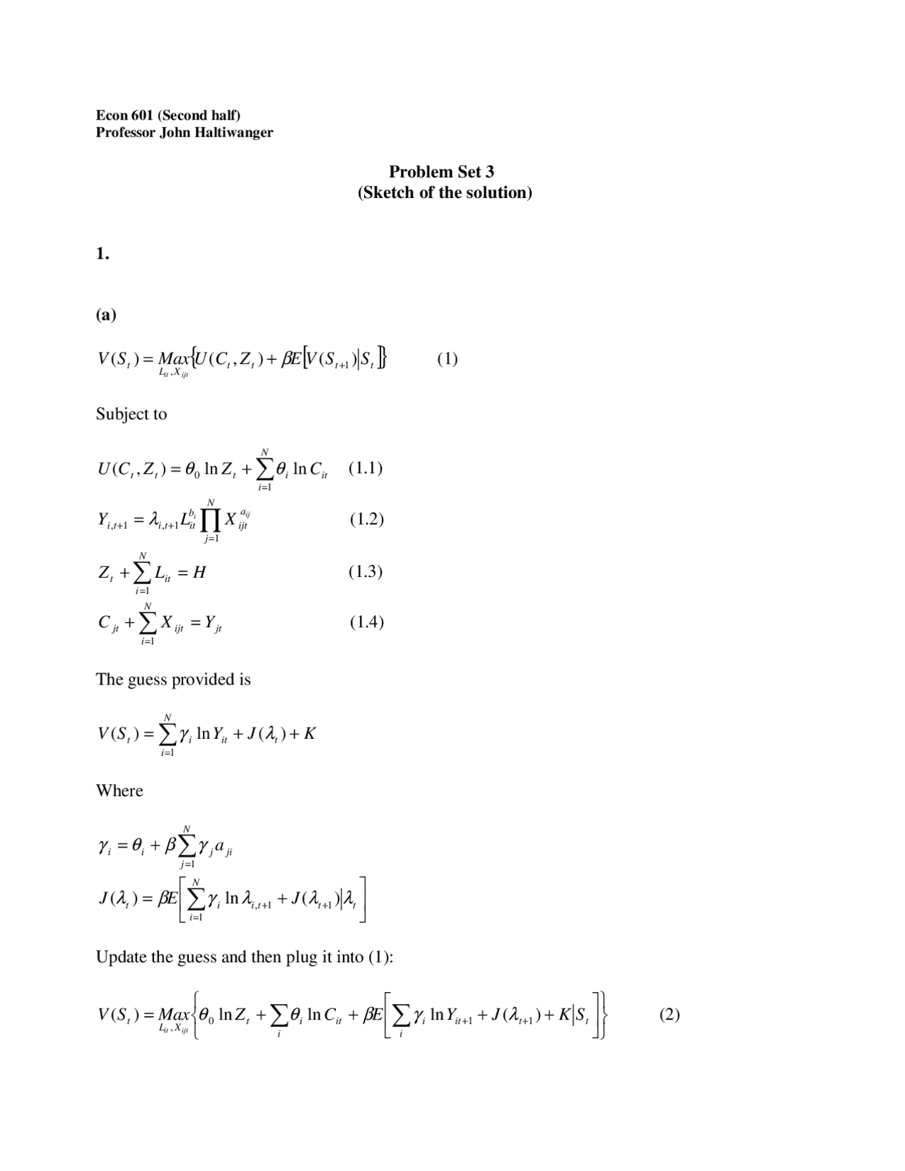 Problem Set 3 Macroeconomic Analysis I Econ 601 Docsity