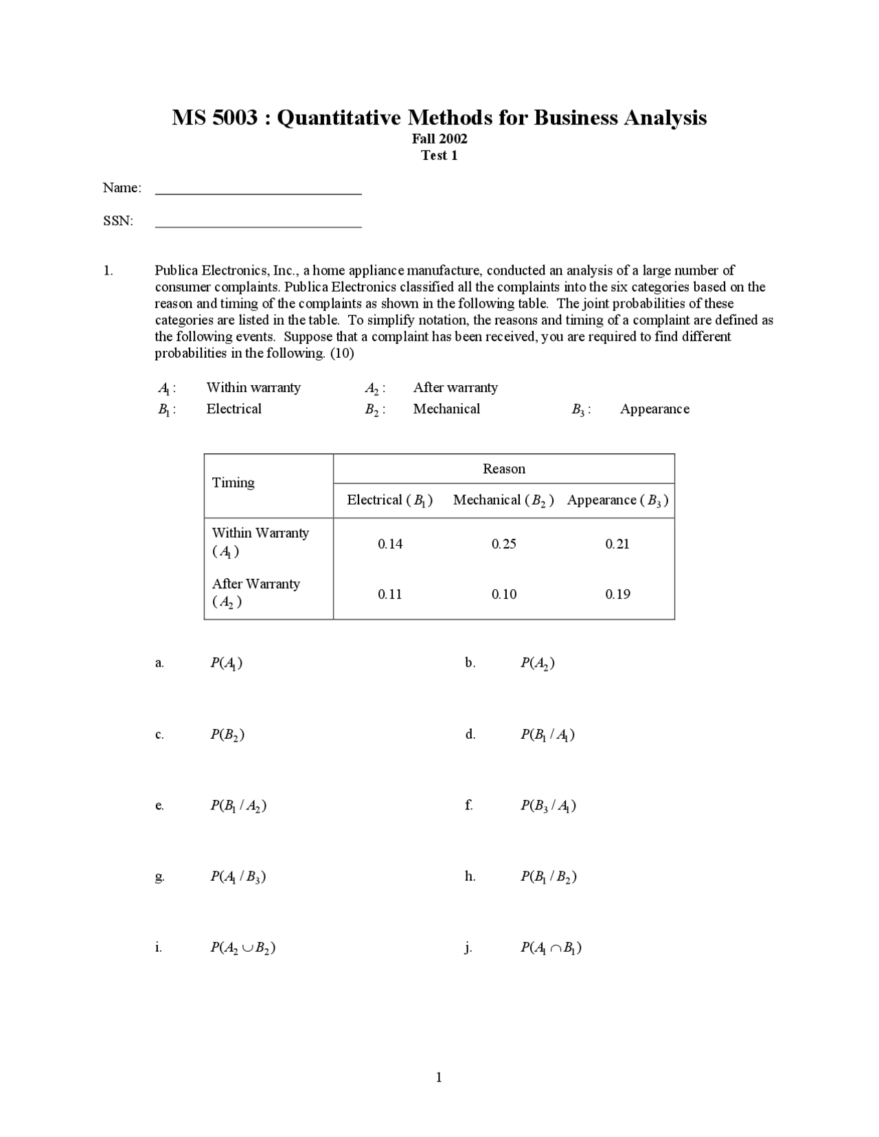 Quantitative Methods For Business Analysis Exam 1 Ms 5003 Docsity