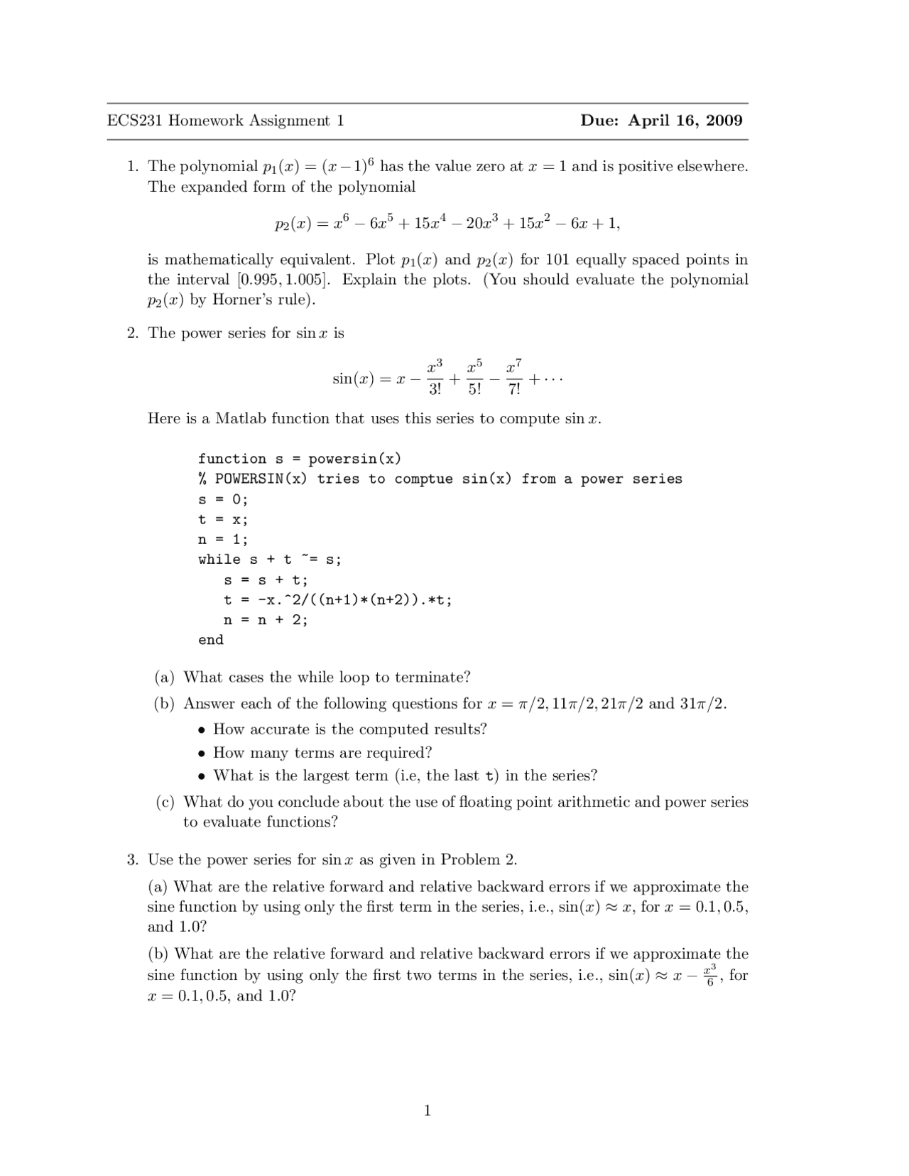 Scientific Computation Assignment 1 2009 Ecs 231 Docsity