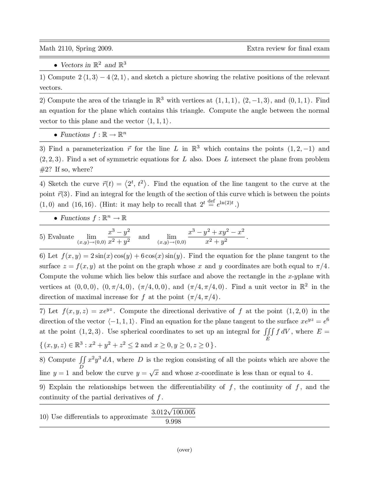 Review for Final Exam - Calculus III | MATH 2110 - Docsity