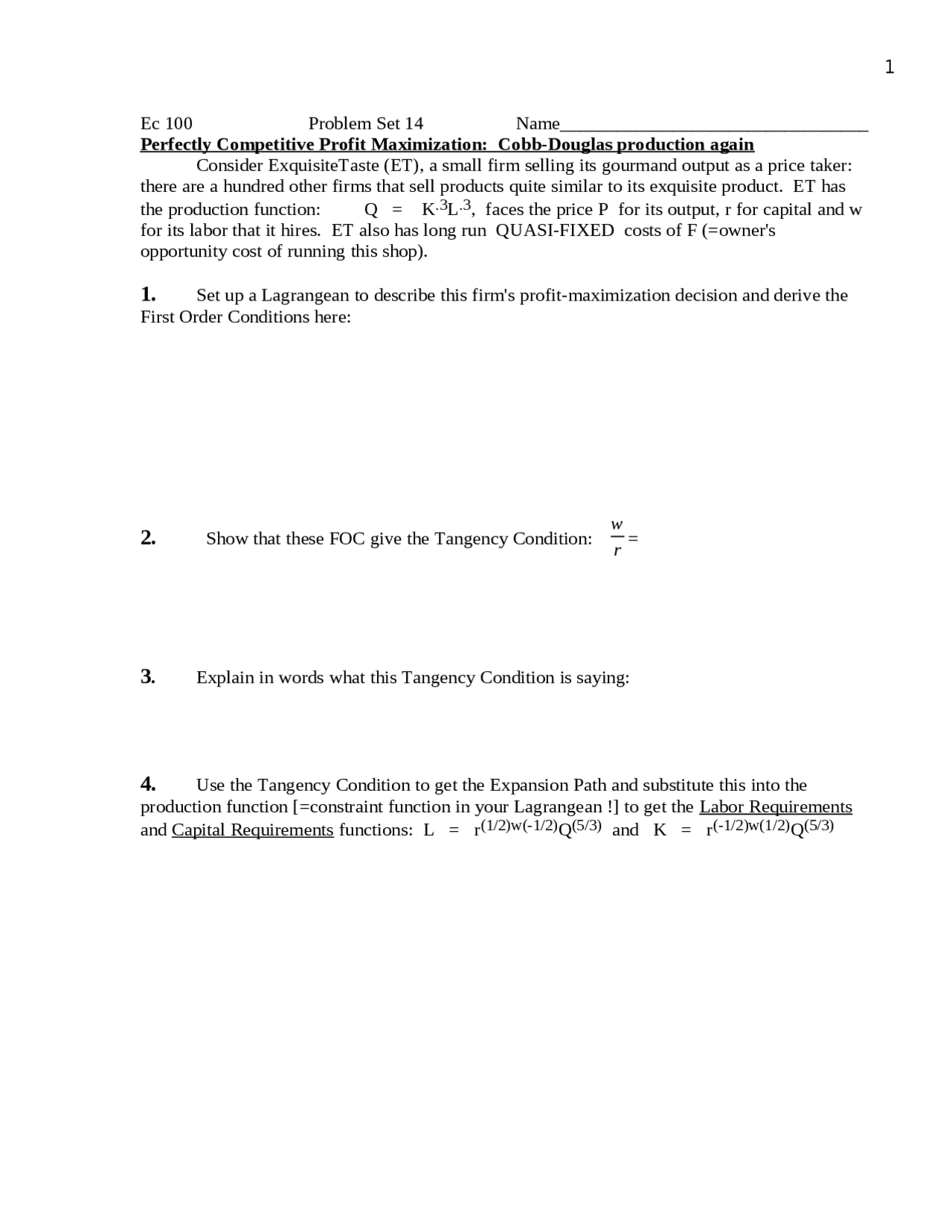 Cobb Douglas Production - Problem Set 14 | ECN 100 - Docsity