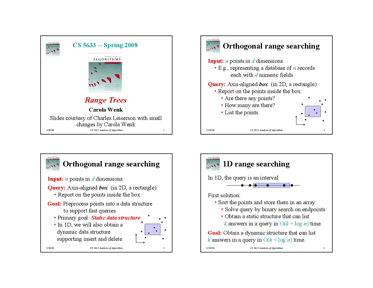 Slides on Range Trees - Analysis of Algorithms | CS 5633 - Docsity