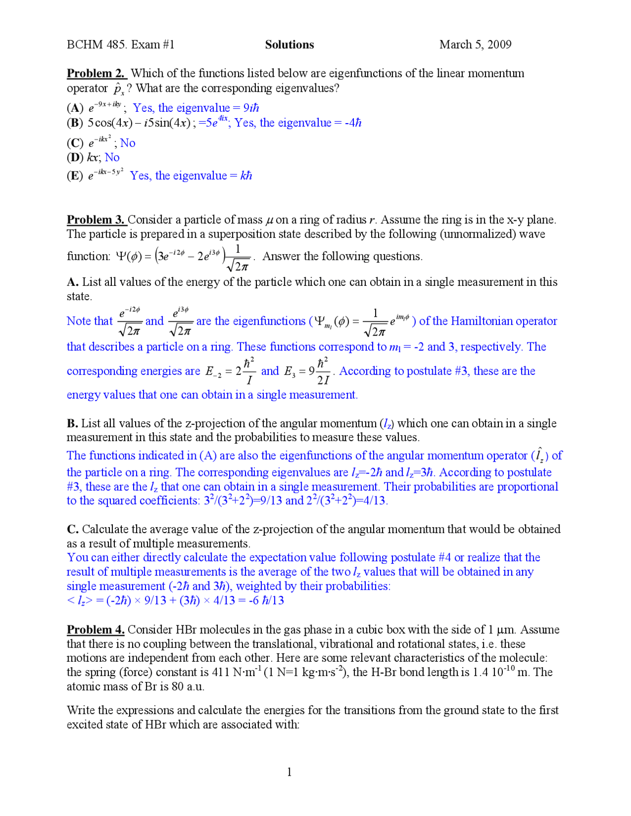 Exam 1 Solutions Physical Biochemistry Bchm 485 Docsity