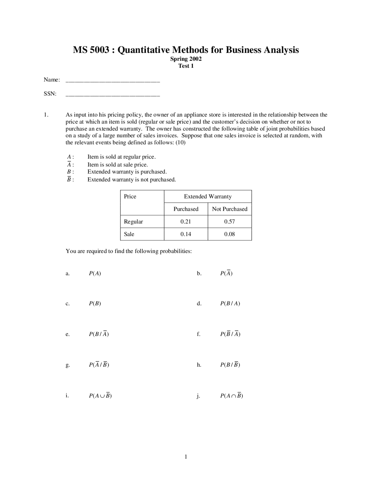 Test 1 Questions - Quantitative Methods Bus Analysis | MS 5003 - Docsity