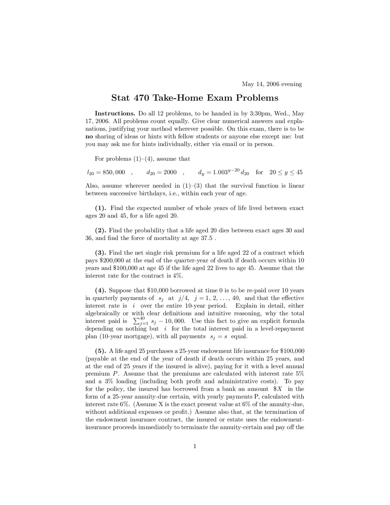 Exam Problem Actuarial Mathematics 2006 Stat 470 Docsity
